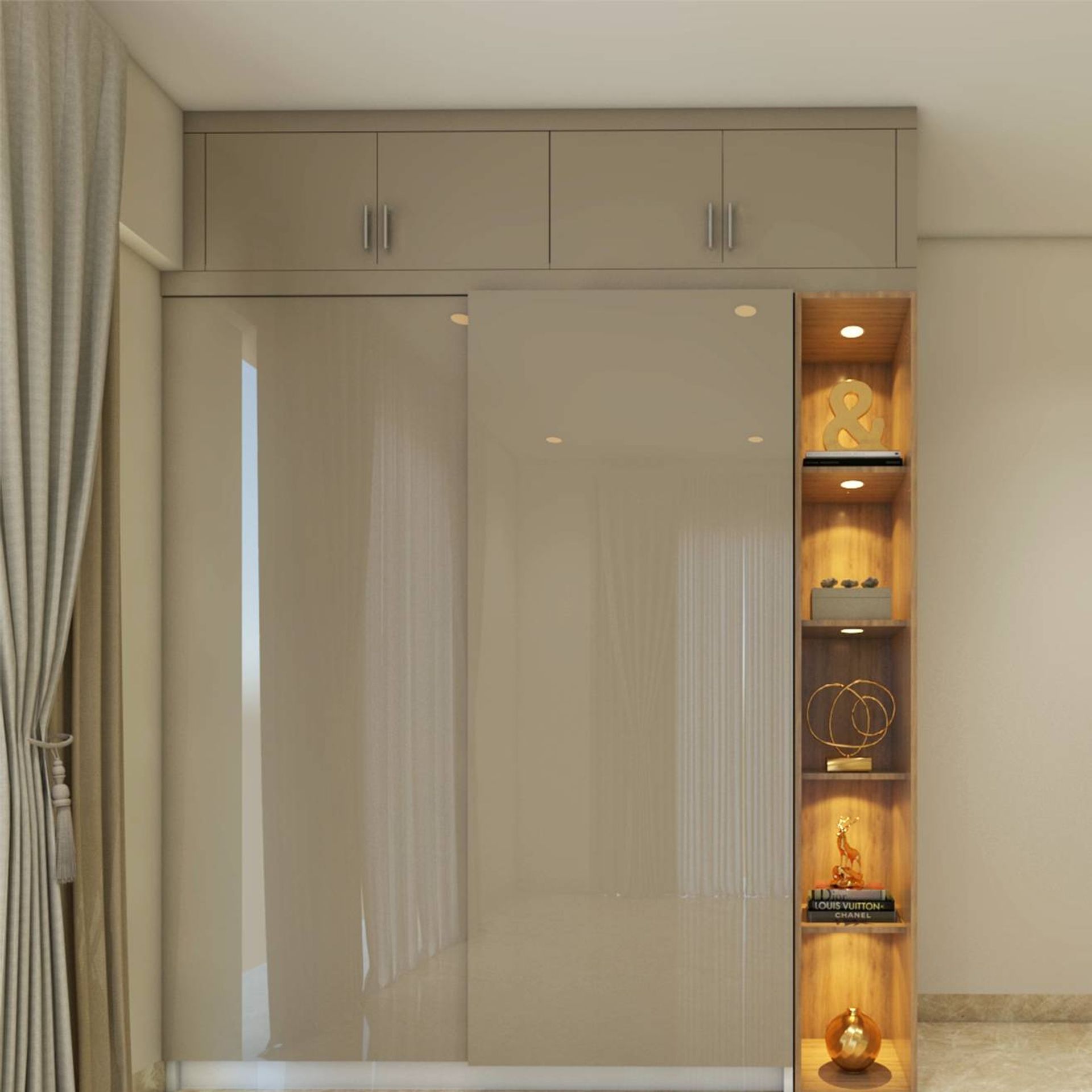 Light Beige 2-Door Glossy Sliding Wardrobe Design With Open Shelves And ...