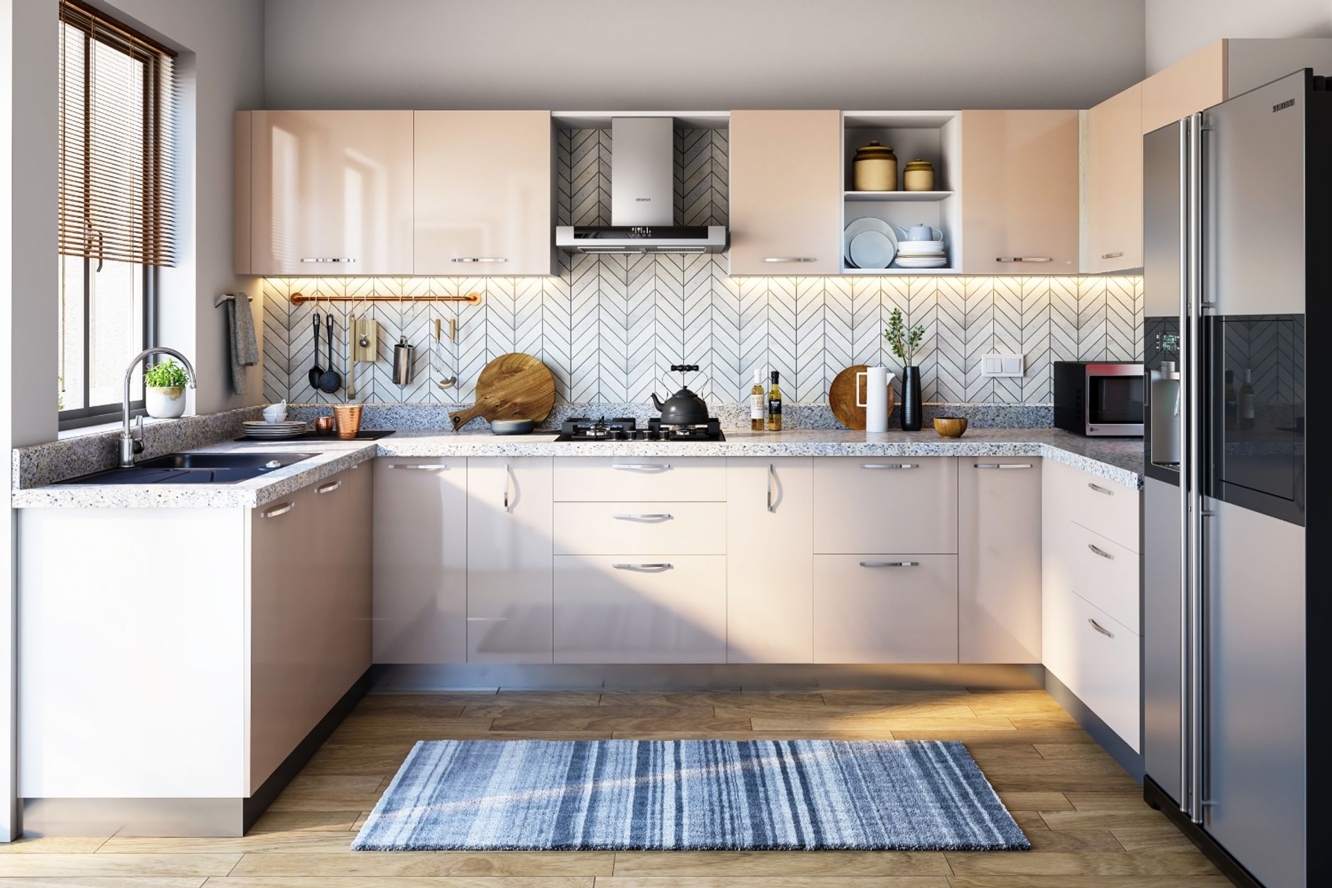 U Shape Modular Kitchen Design With Sand Satin Cabinets | Livspace