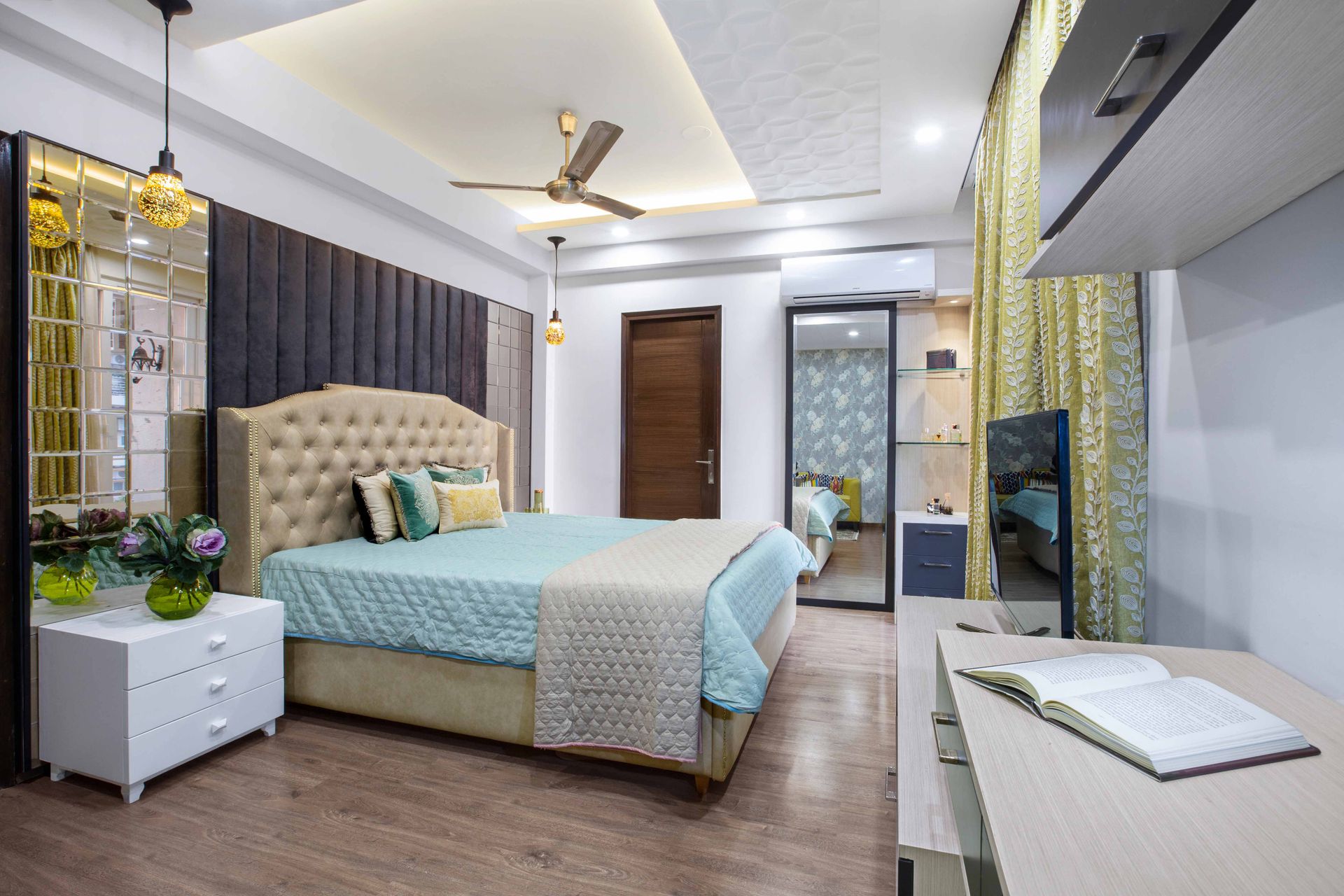 3-BHK Flat In Noida With Bright Blue L Shaped Living Room And Gold ...