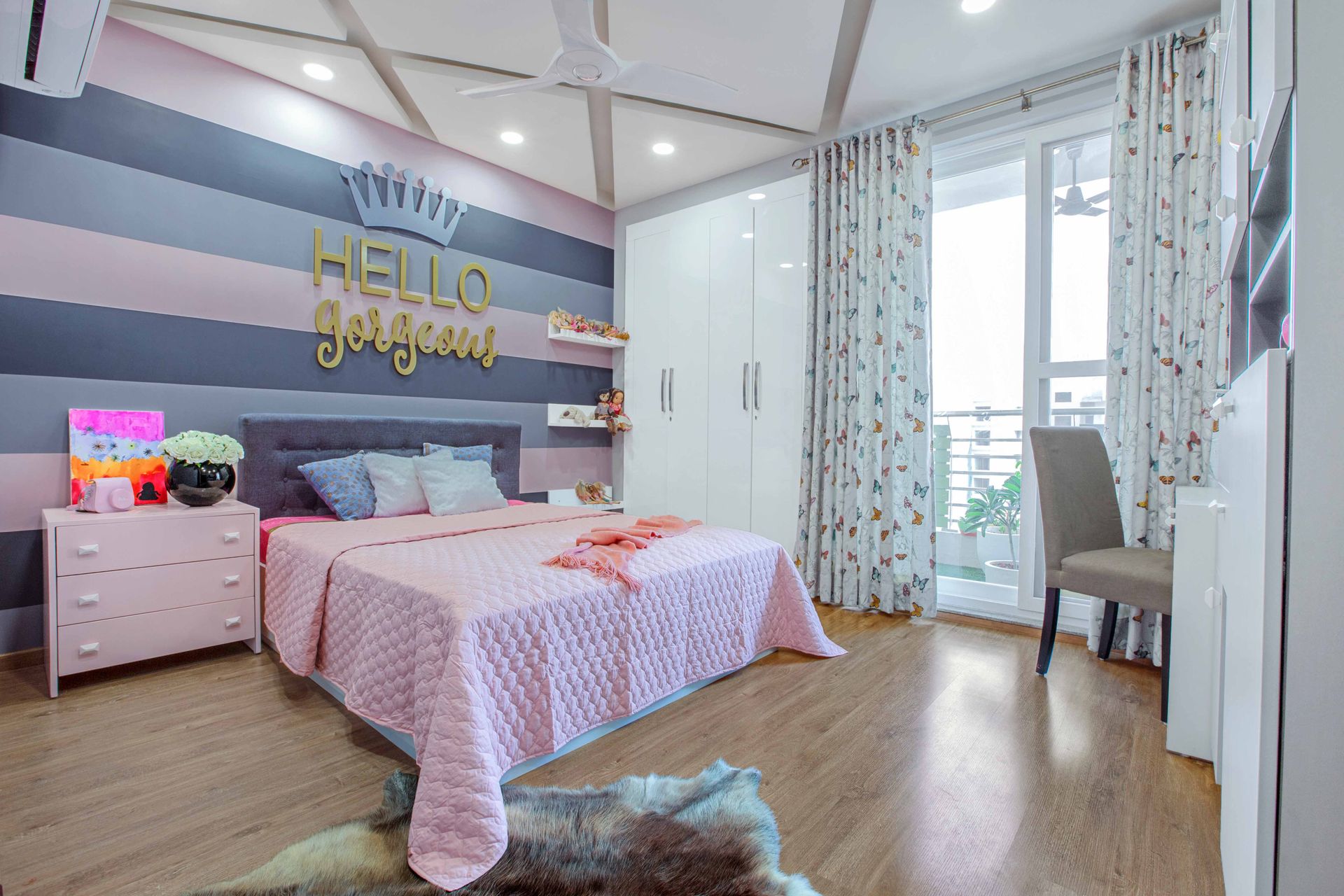 3-BHK Flat In Noida With Bright Blue L Shaped Living Room And Gold ...