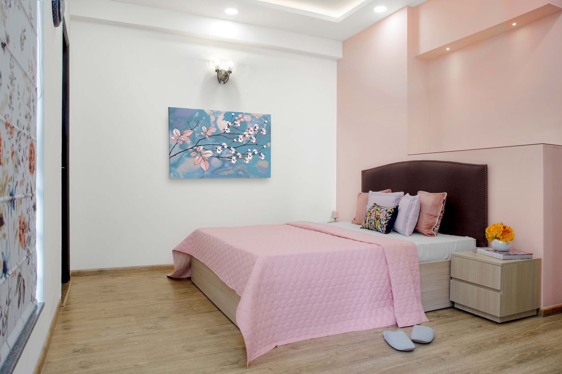 2-BHK Flat Design In Noida With L Shaped Magenta Sofa Set And Accent Seaters | Livspace