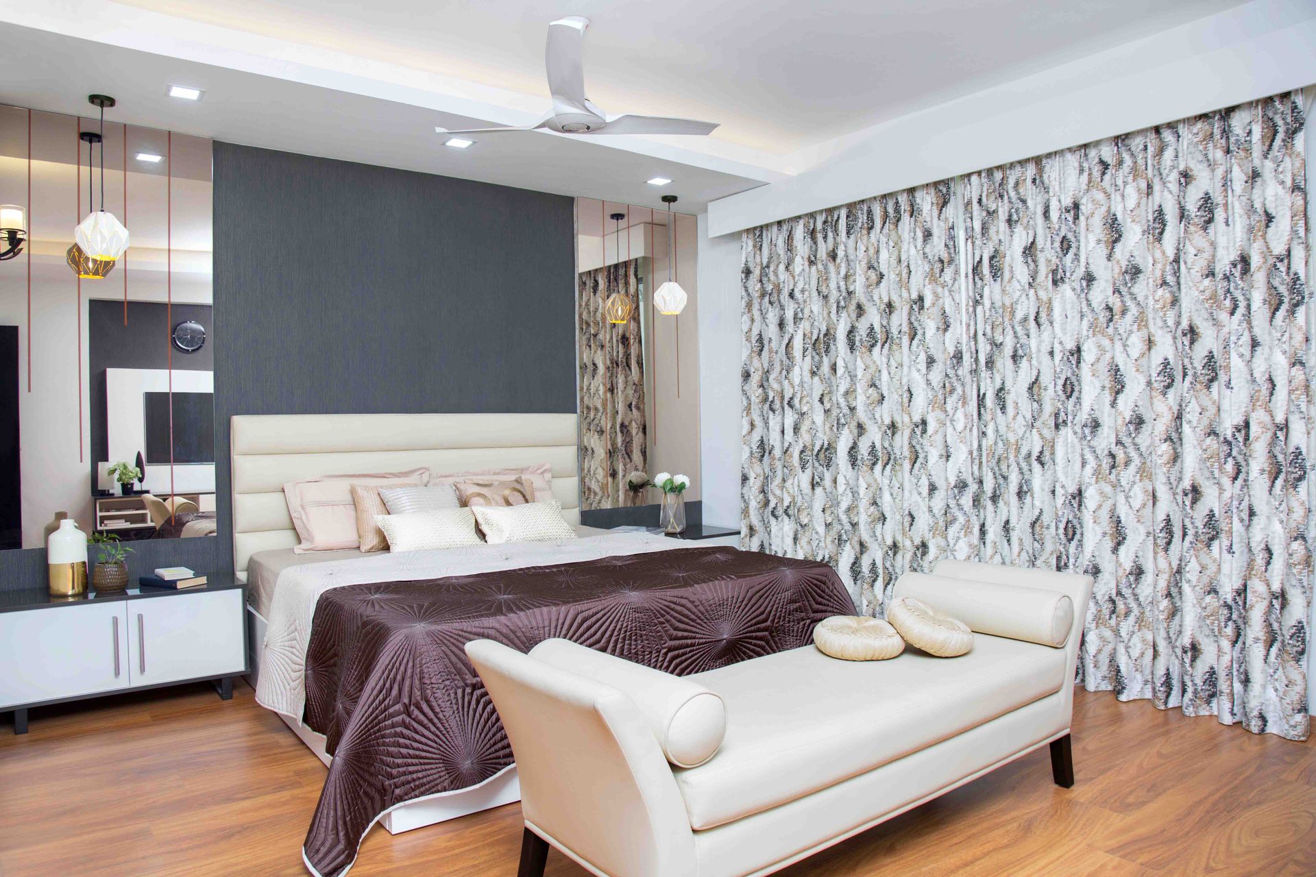 Master Bedroom Design With Grey Accent Wall And Mirrors | Livspace