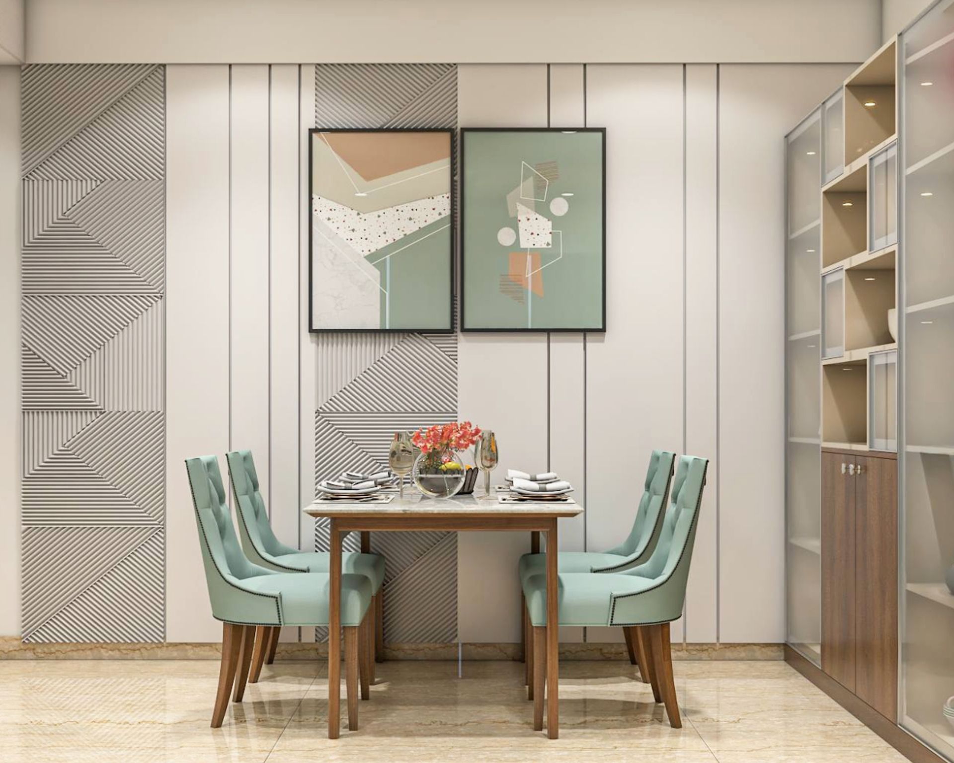 4-Seater Dining Room Design With Wood And Frosted Glass Storage Unit ...