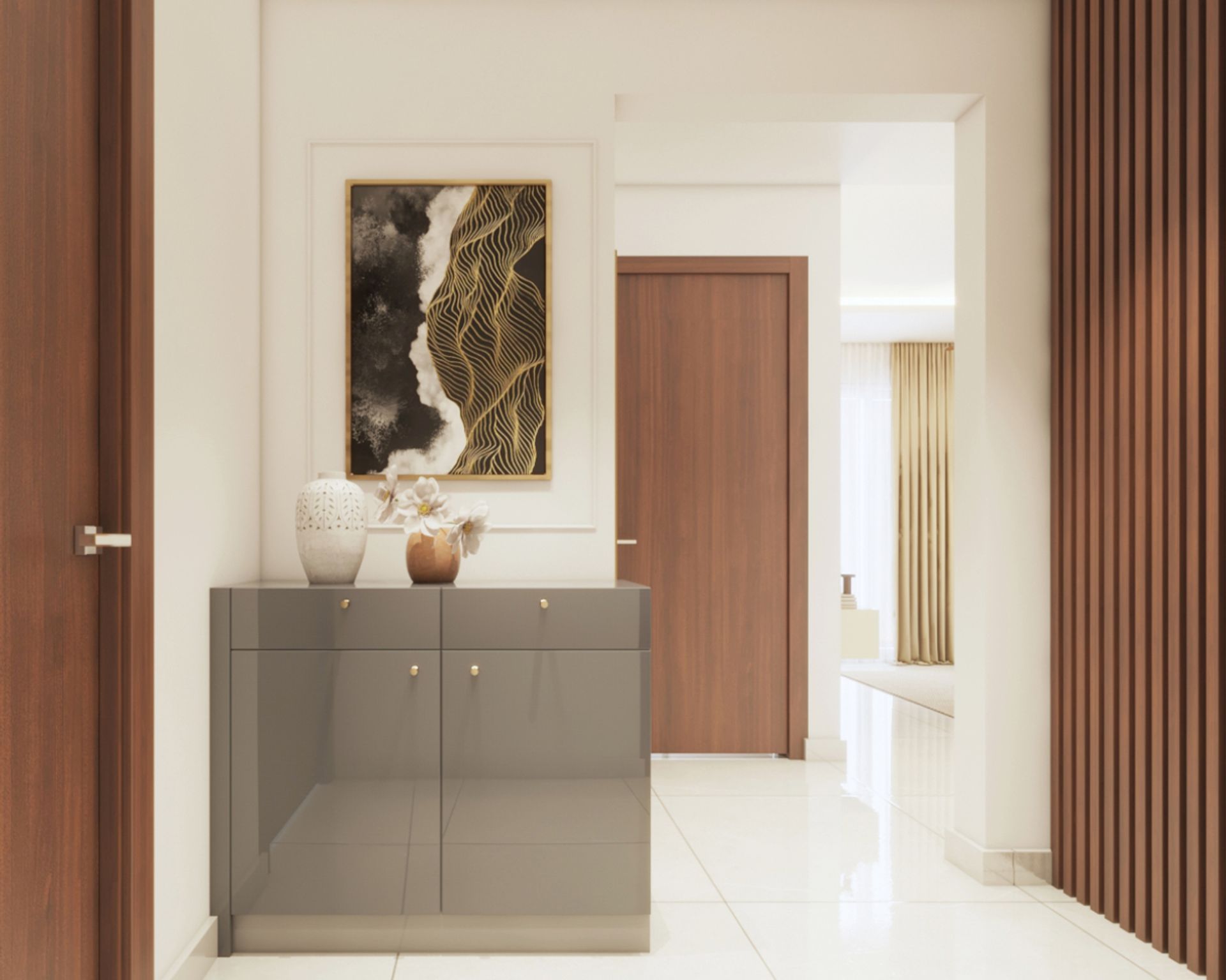 Dove Grey Foyer Design With Vertical Wooden Panels | Livspace