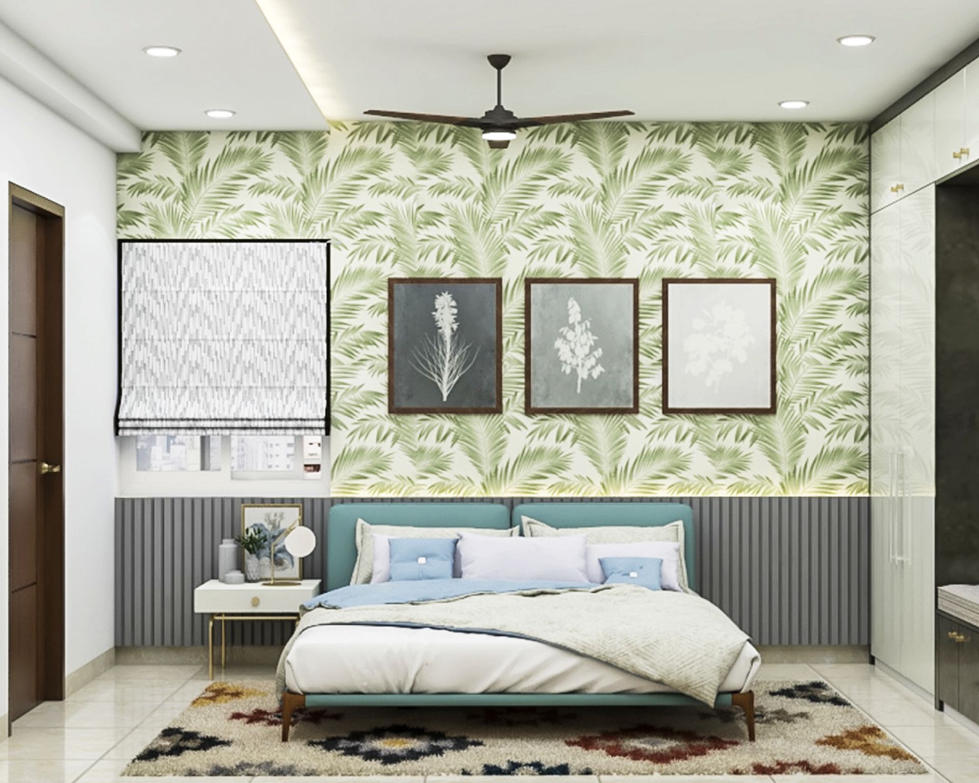 Guest Room Design With Leafy Wallpaper And Grey Wall Paneling | Livspace