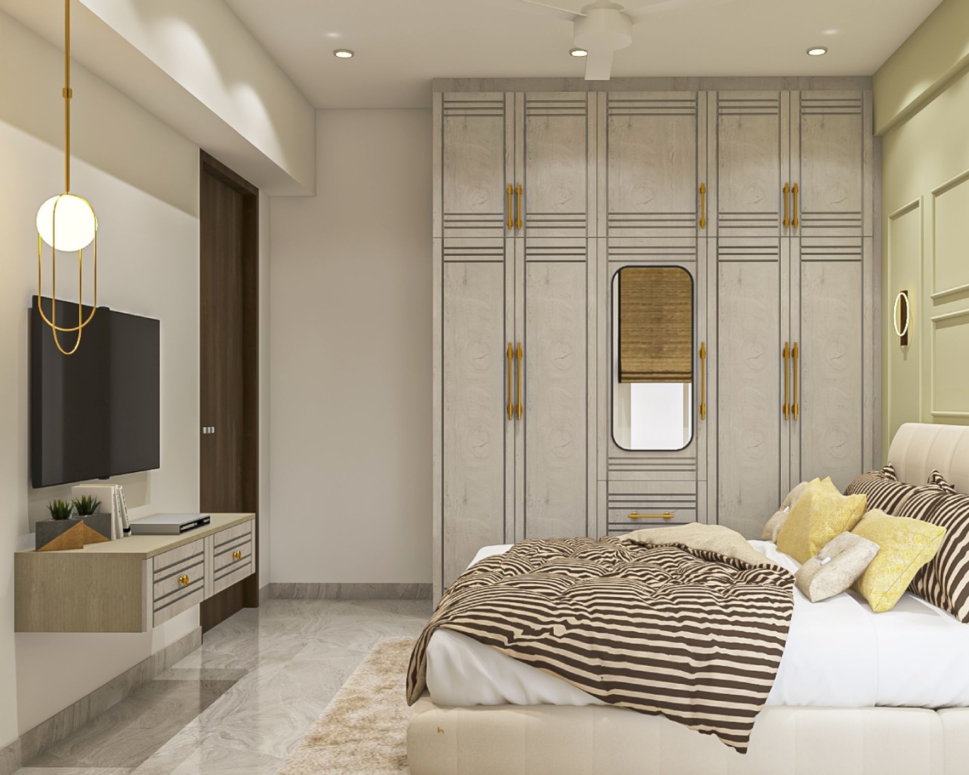 Guest Room Design With Yellow Accent Wall And Trims | Livspace