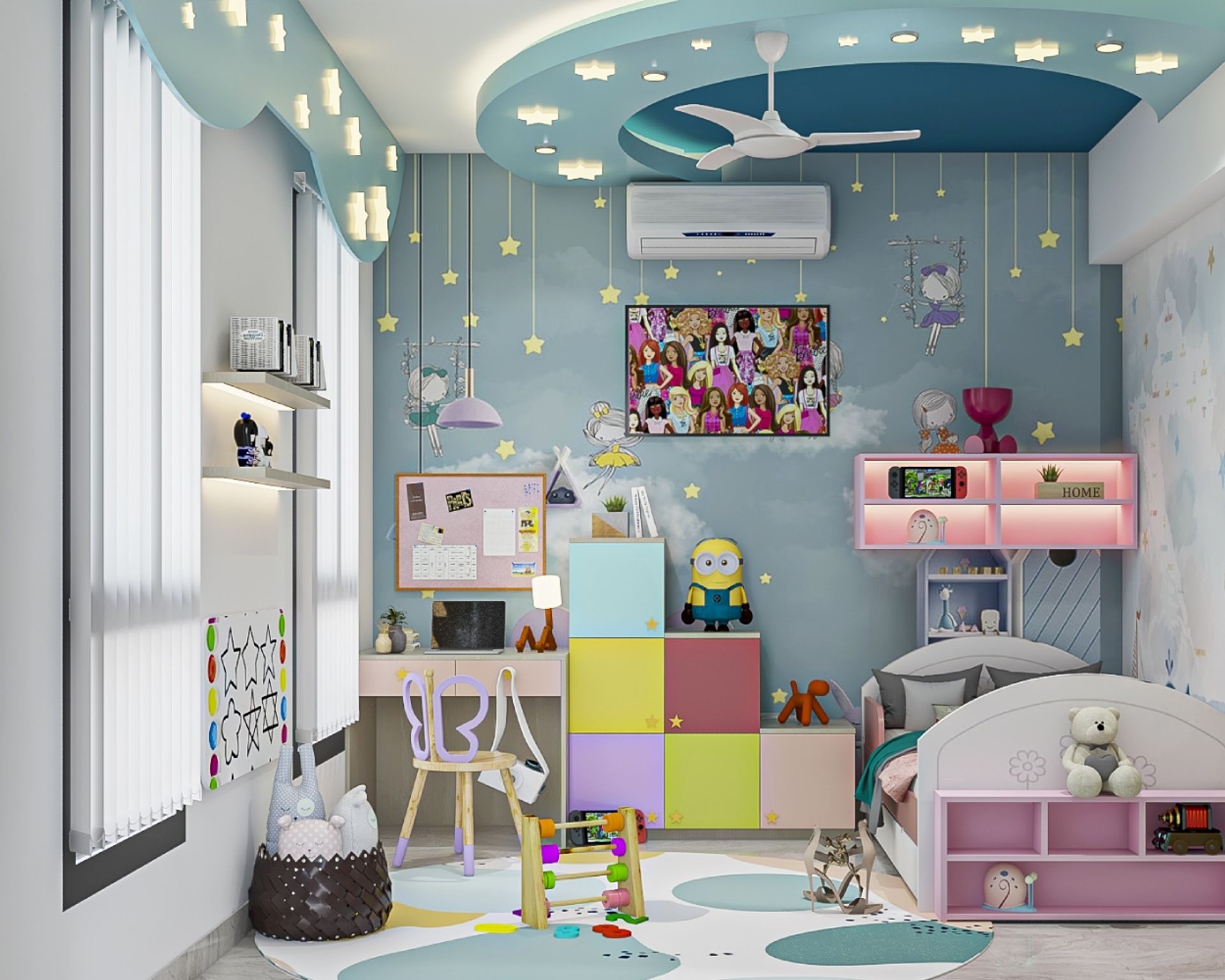 Kids Bedroom Design With Sky Themed Wallpaper | Livspace