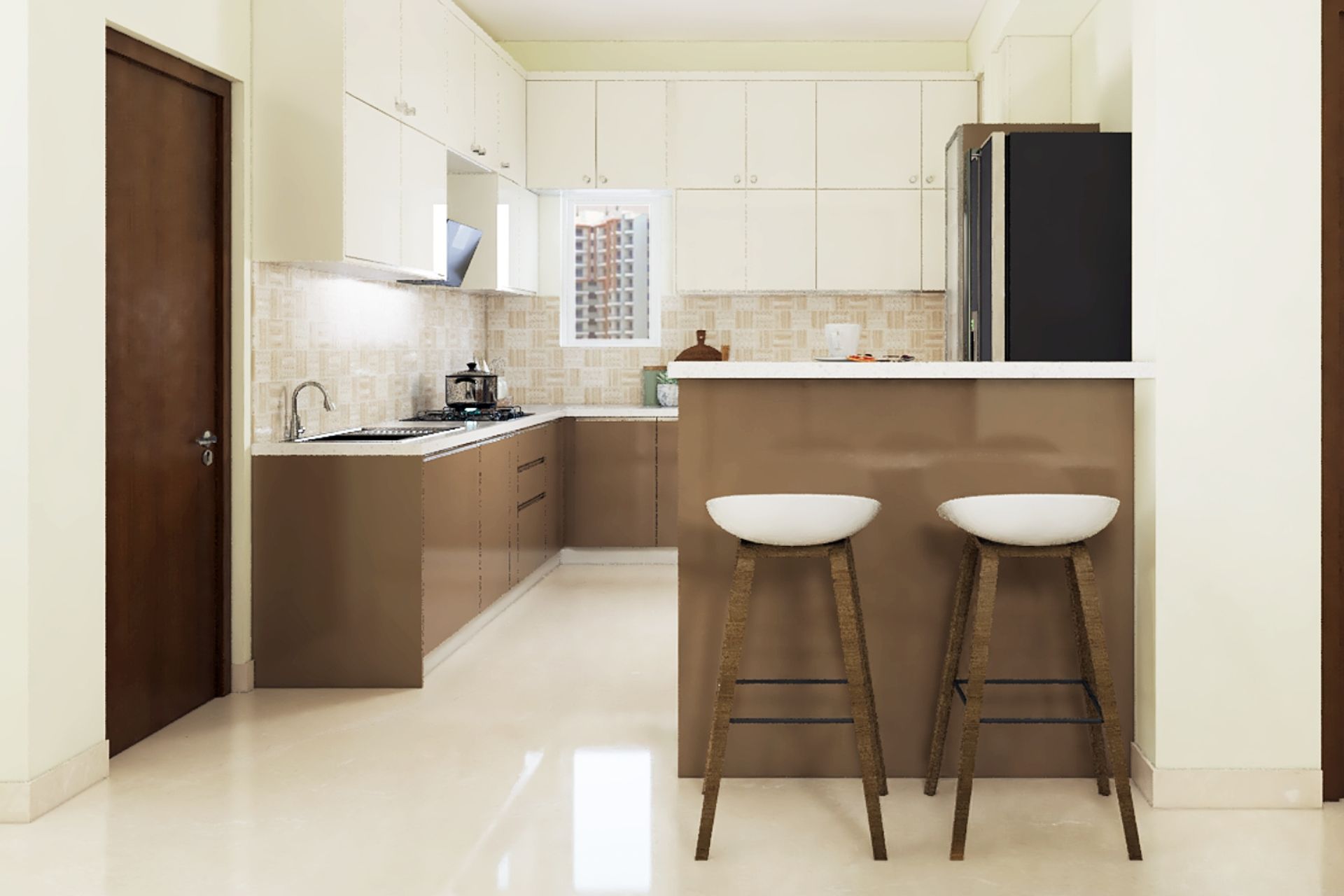 Modular U Shaped Kitchen Design With Cappuccino And White Cabinets ...