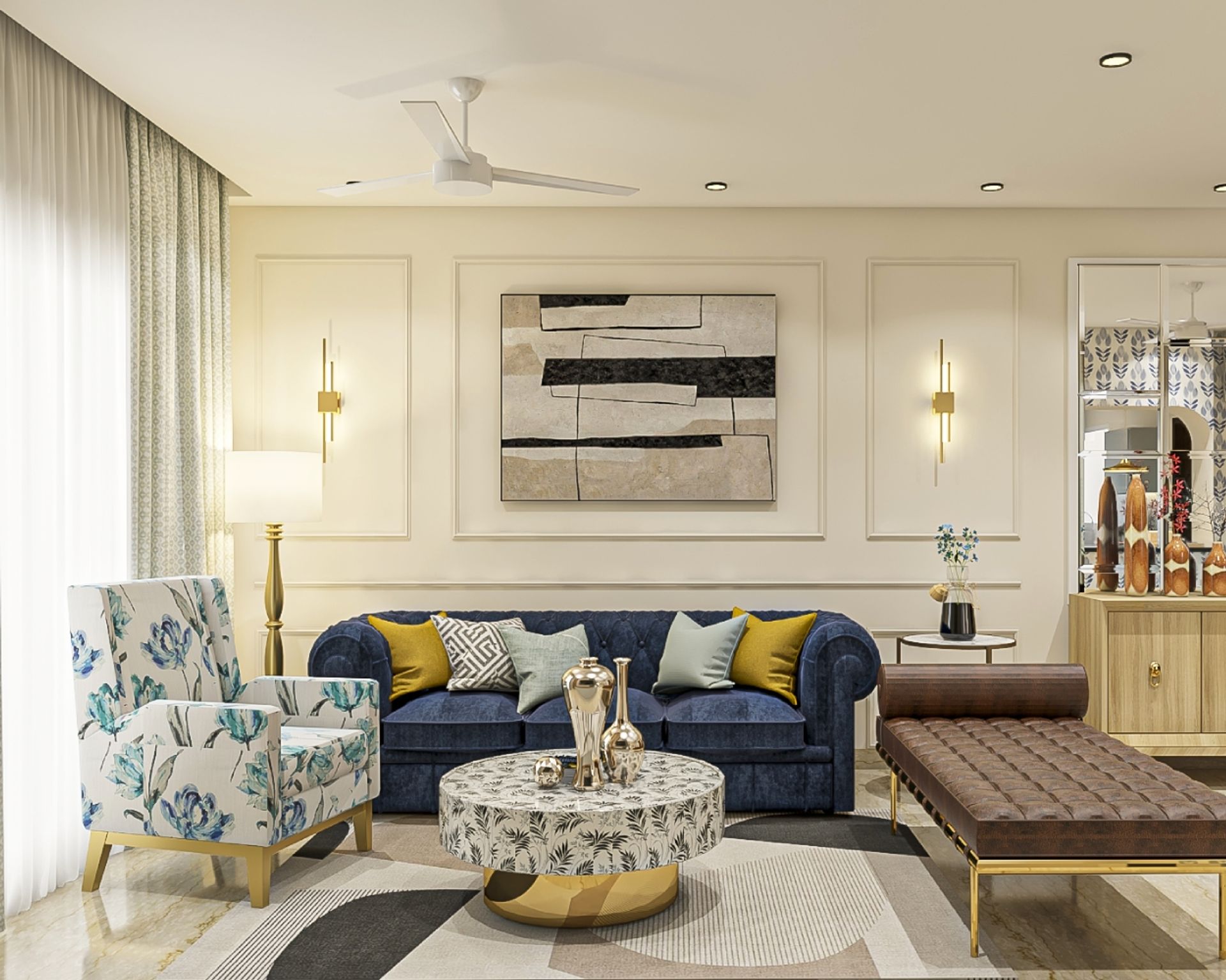 Living Room Design With Dark Blue Sofa And Floral Accent Chair | Livspace