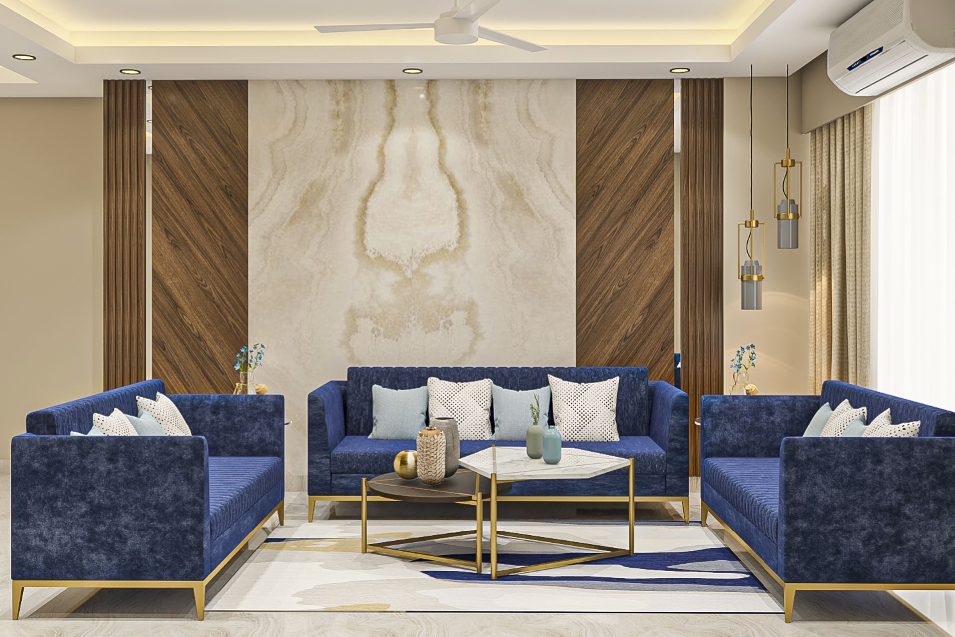 U-Shaped Living Room Design With Blue Sofa And Marble Wall | Livspace