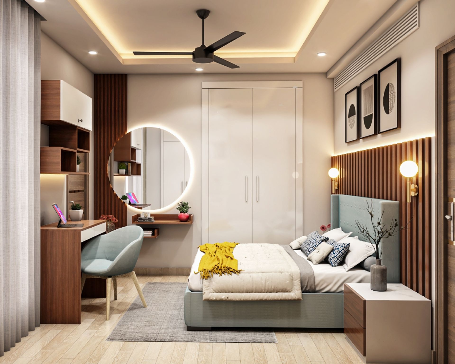 Master Bedroom Design With Grey Headboard And Wooden Wall Panels | Livspace