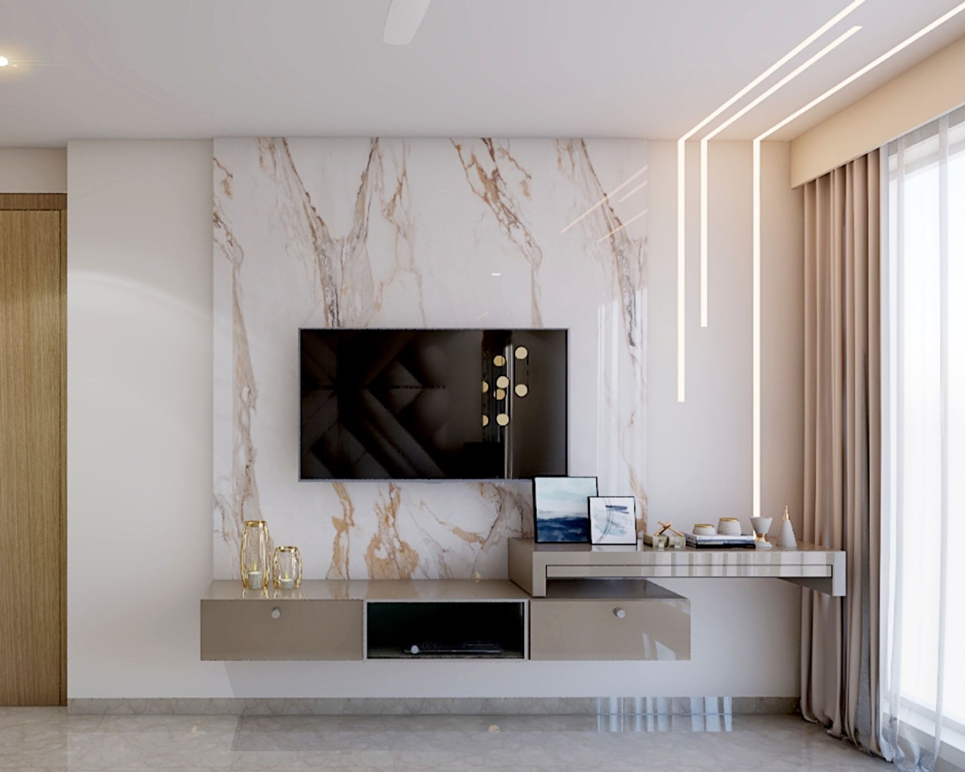 Wall Mounted Pumic Grey TV Unit Design With Open Rack | Livspace