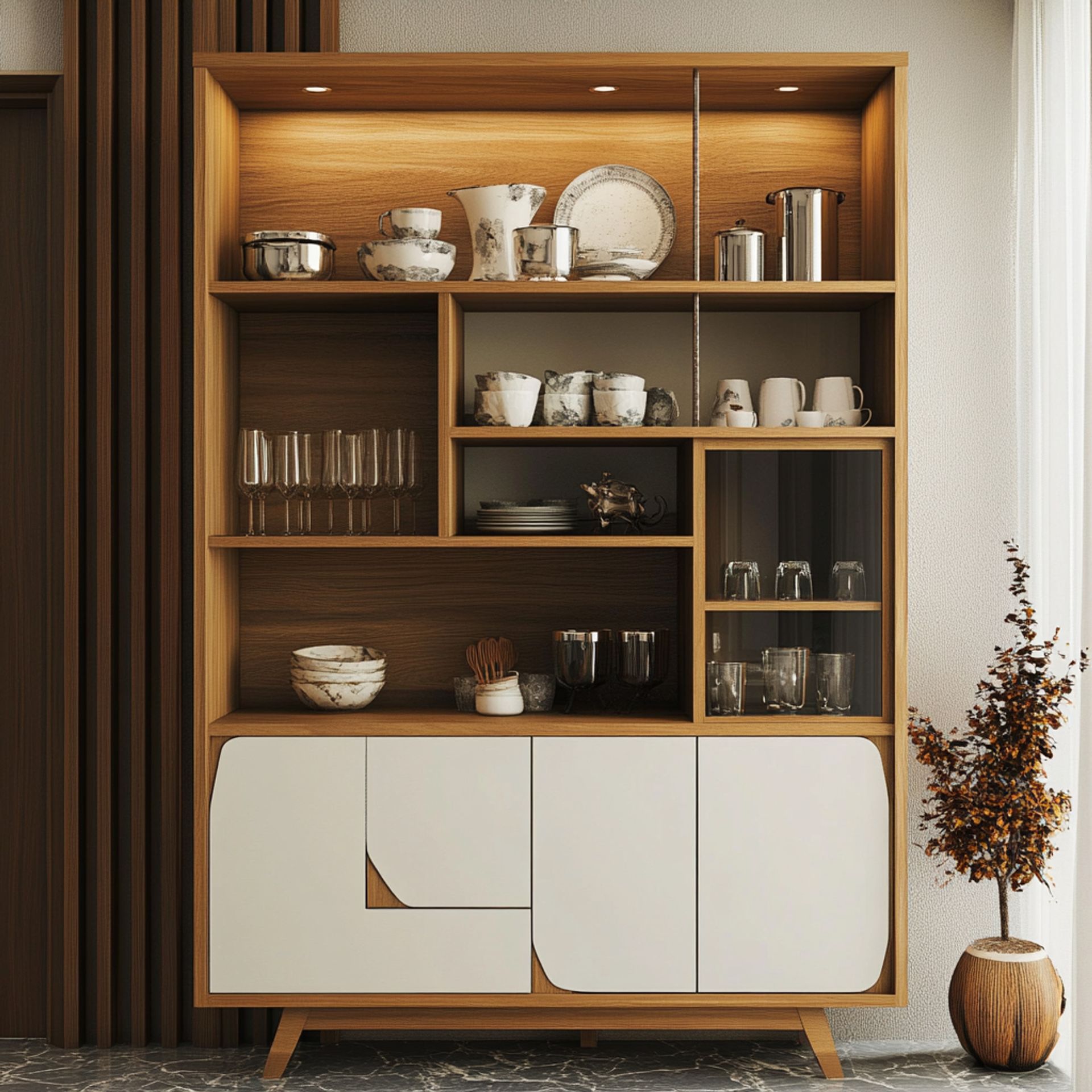 Teak and White Contemporary Crockery Unit Design with Base Cabinet and ...