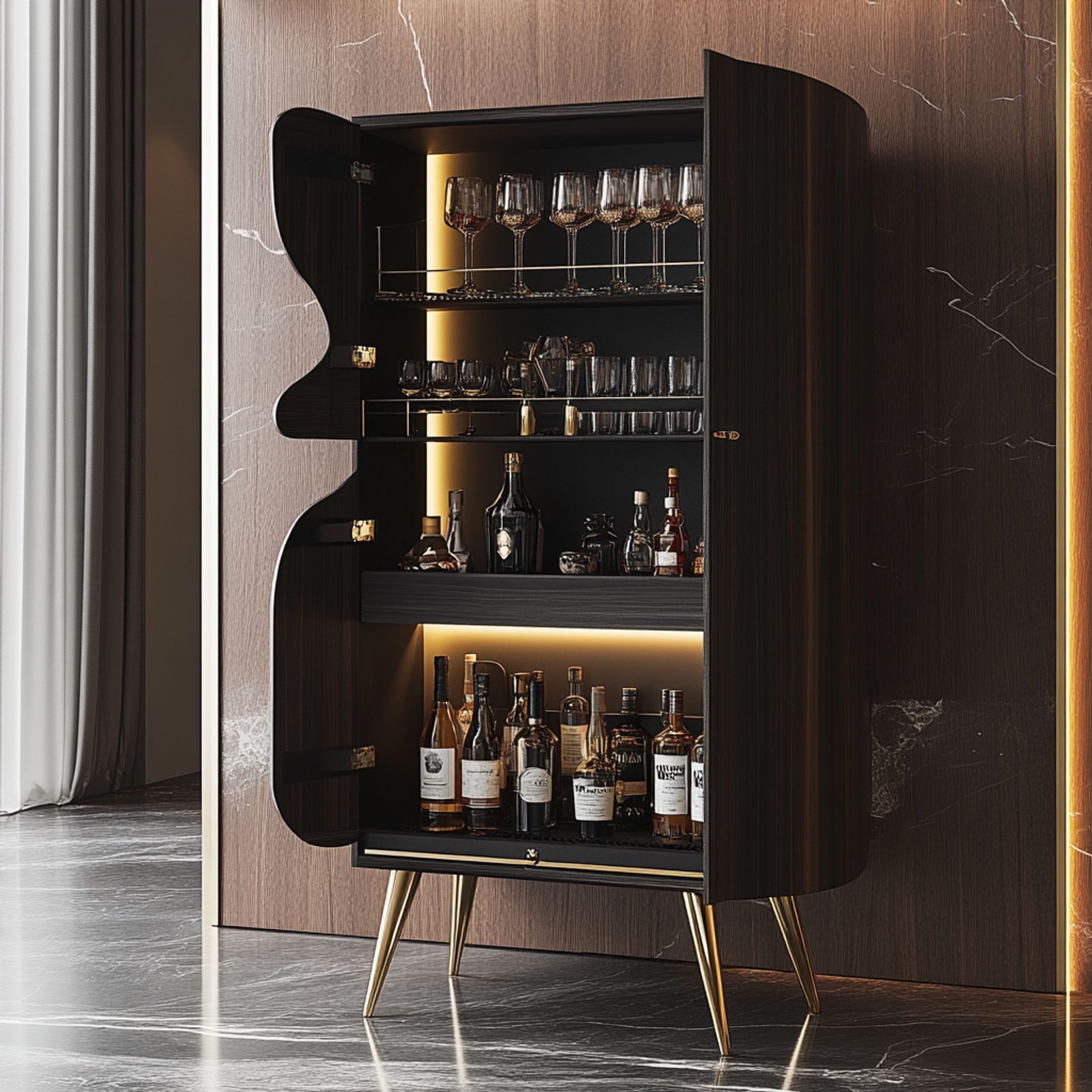 Home Bar Design with Contemporary Cabinet Unit with Closed Storage and ...