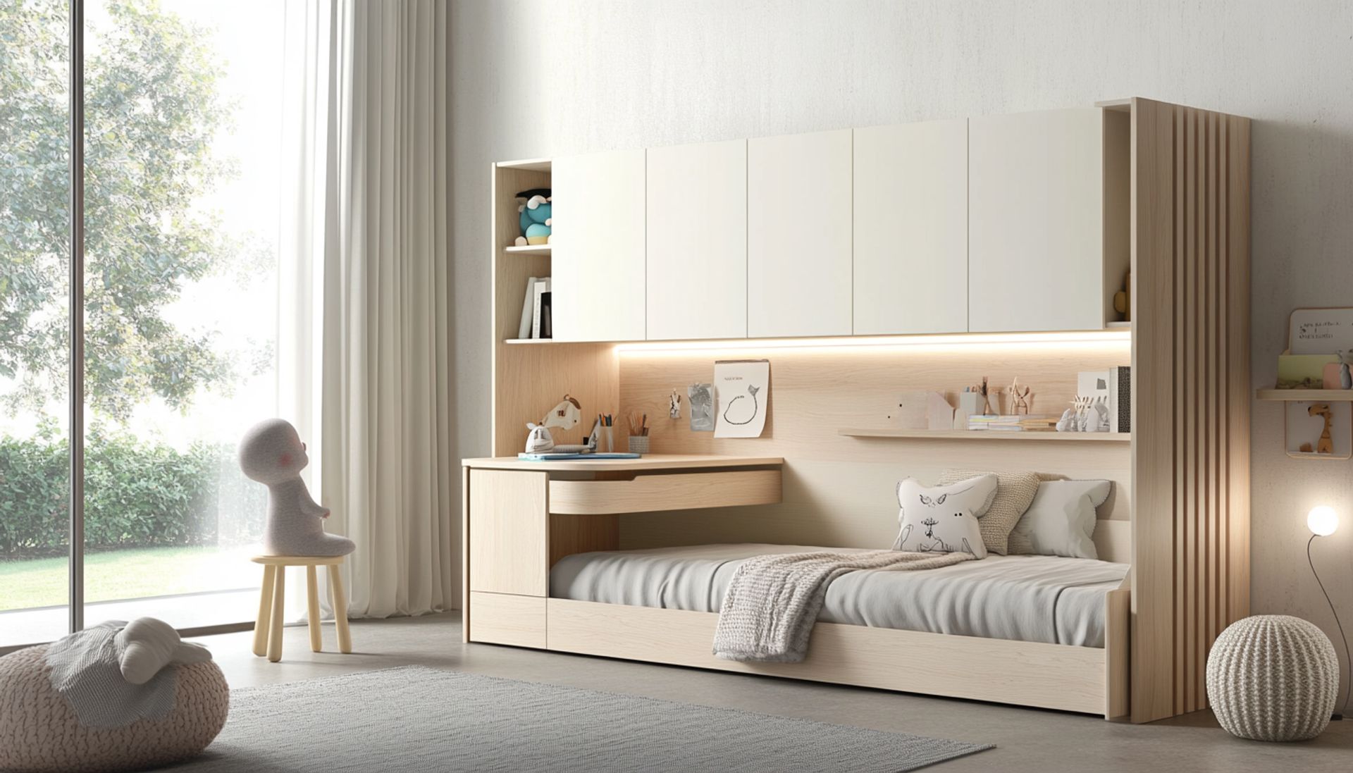 Space Bedroom Design with Integrated Storage, Bed, Desk, and Shelving ...