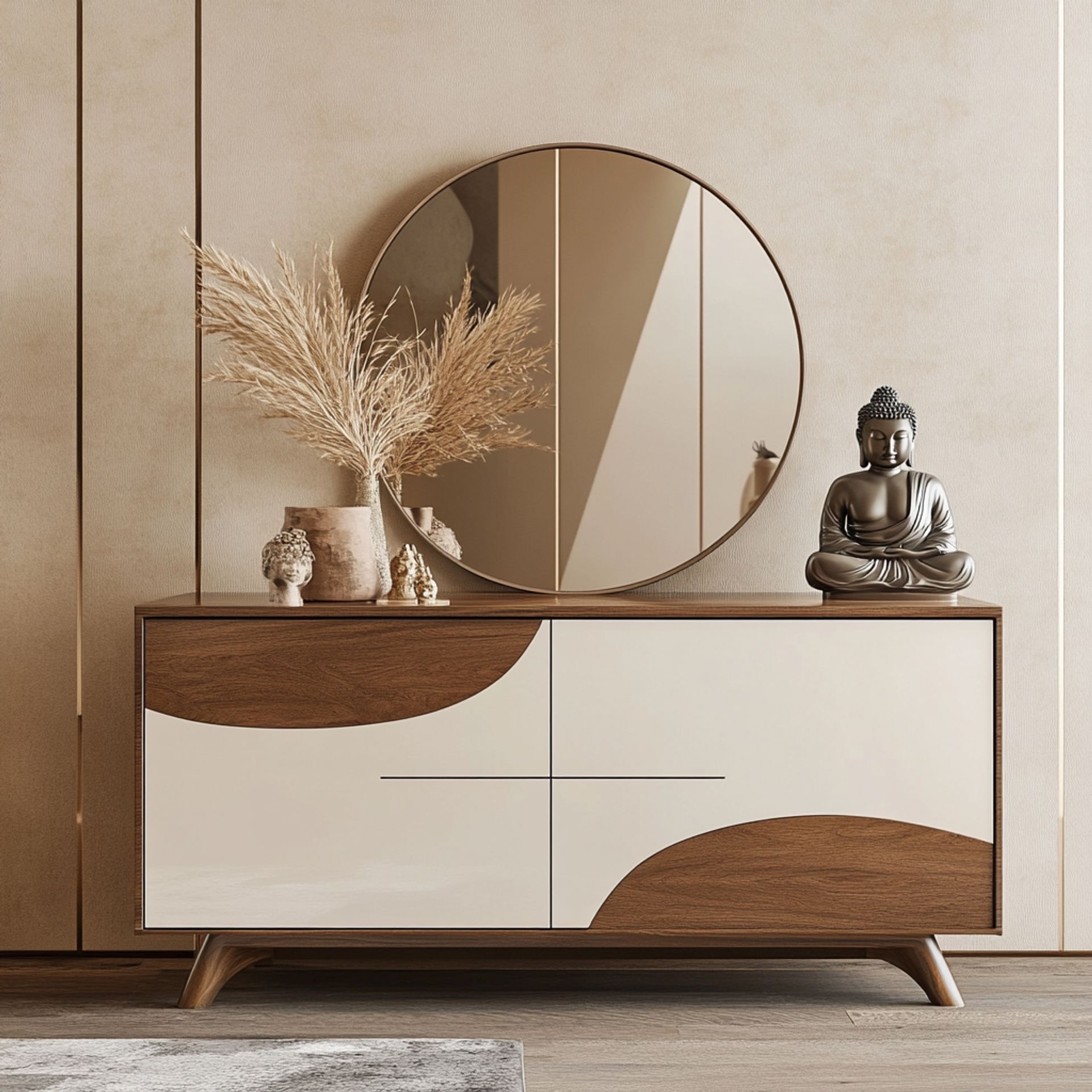 White and Bronze Scandinavian Foyer Design Featuring Beige Wall with T ...