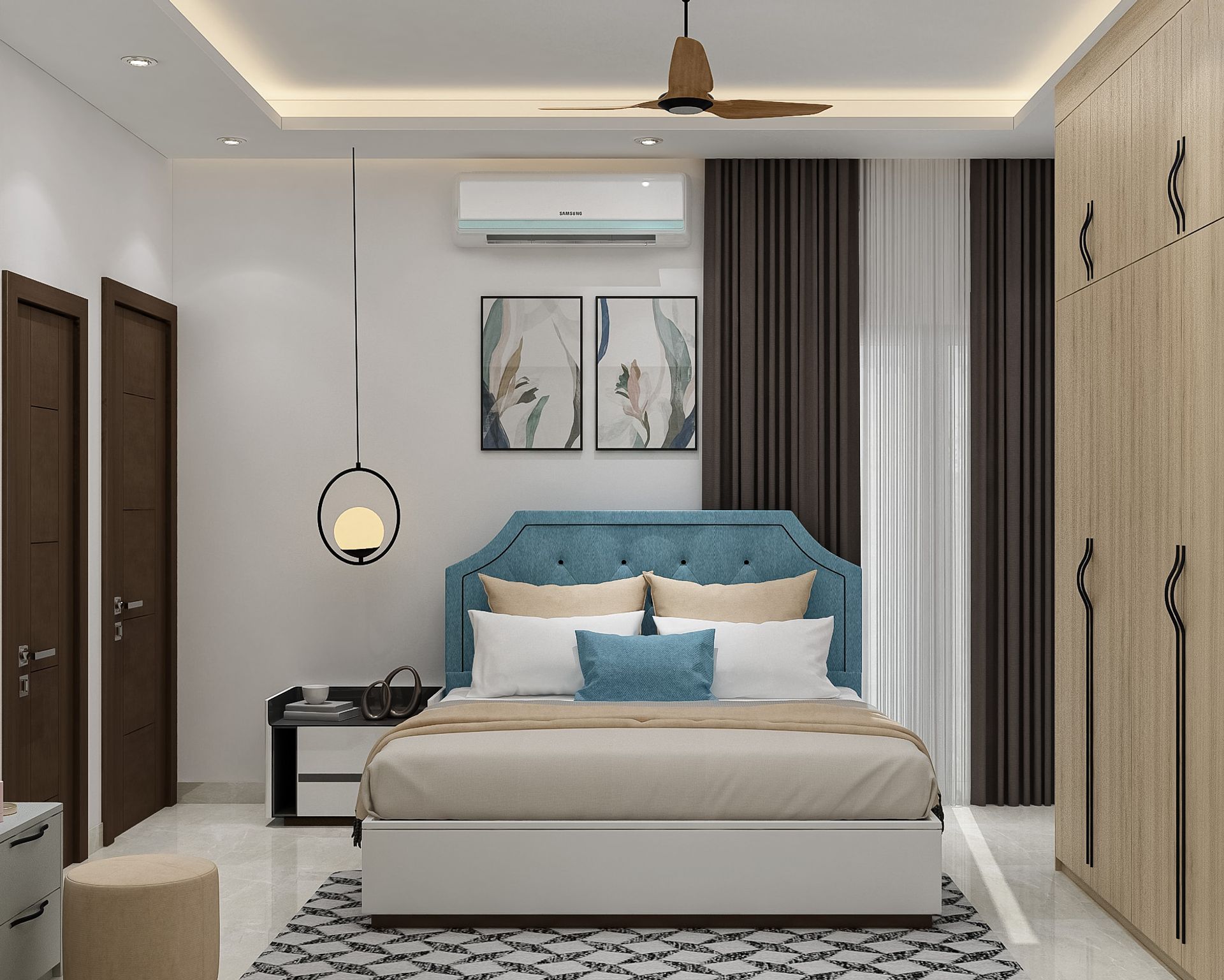 Guest Bedroom Design with Contemporary Queen Bed, Wardrobe, and ...