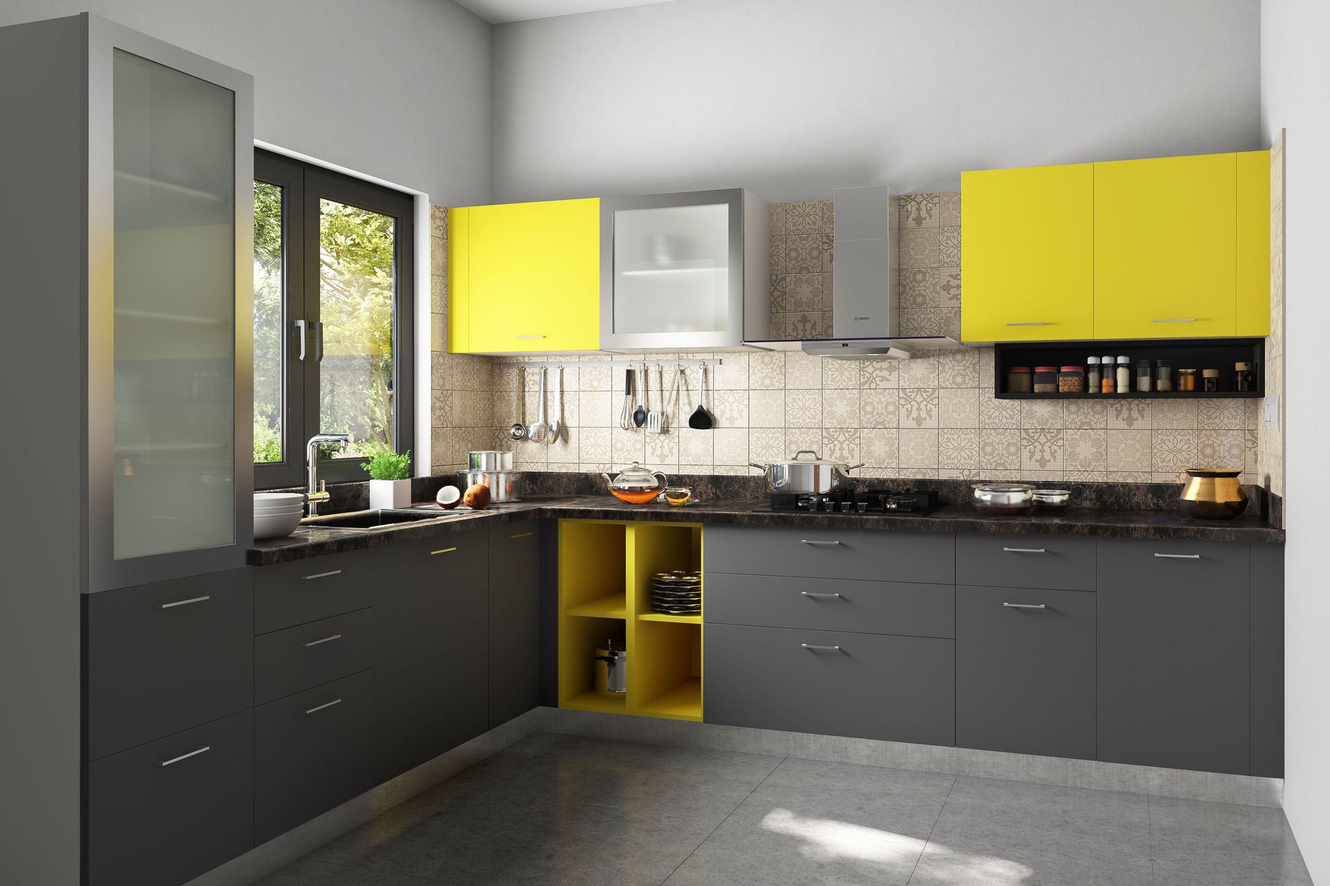 L-Shaped Modern Kitchen Design with Granite Countertop and Brick ...