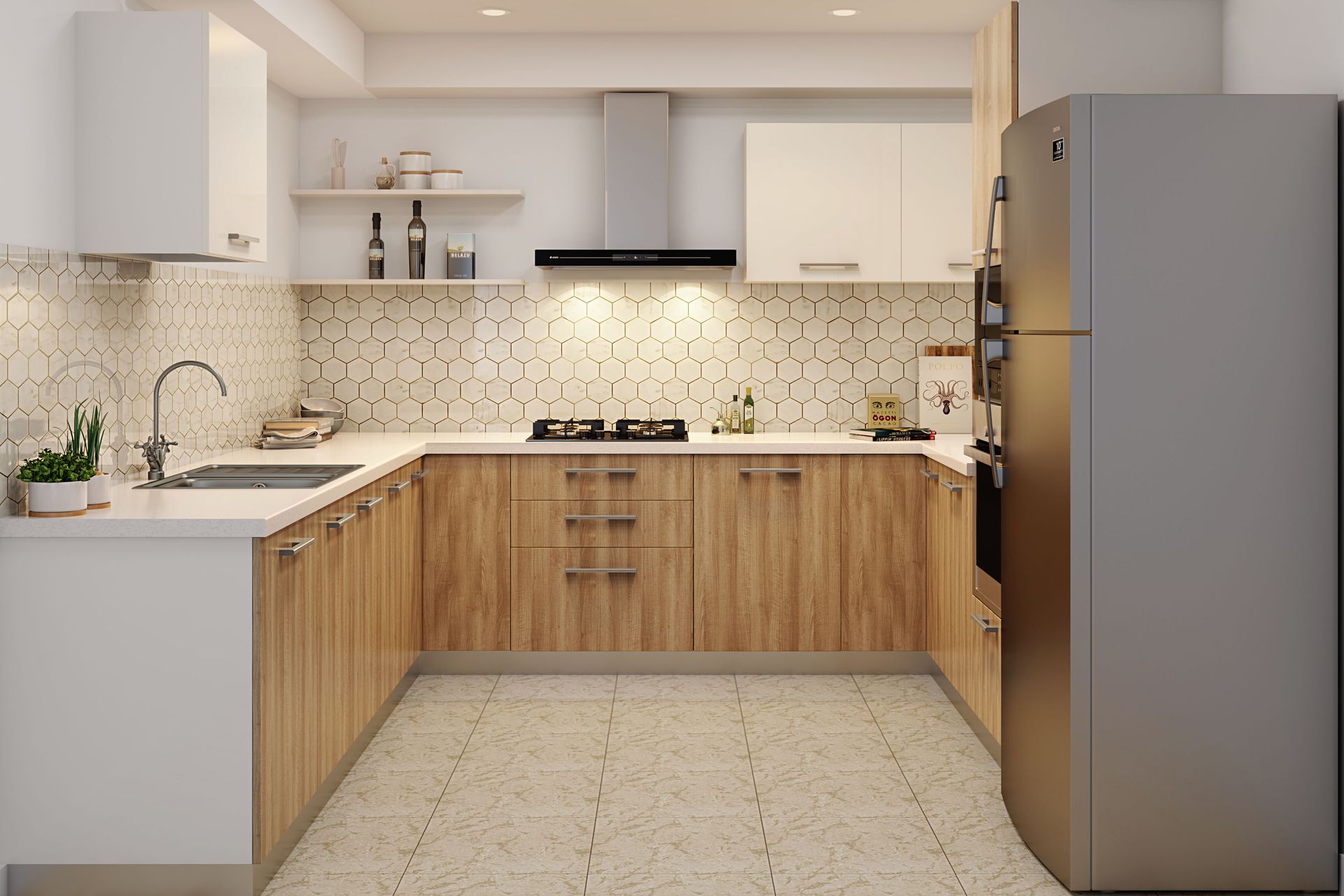 U-Shaped Modern Kitchen Design with Quartz Countertop and Hexagonal ...