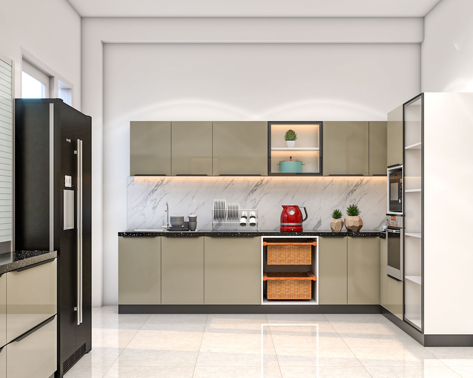 Open Contemporary Kitchen Design with Wicker Baskets and Tall Storage ...