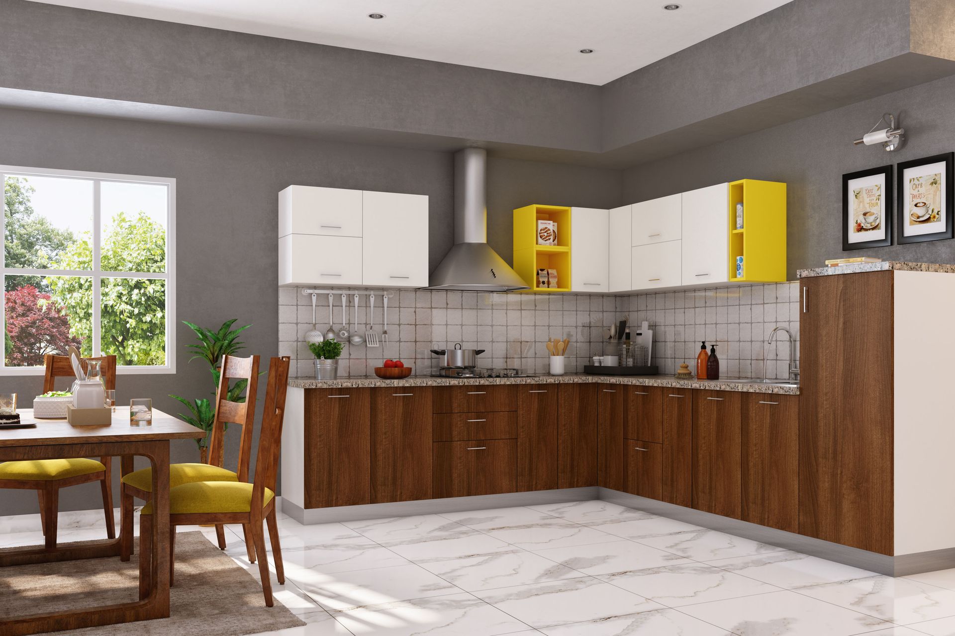 L-Shaped Contemporary Kitchen Design with Frosty White, Marrigold ...