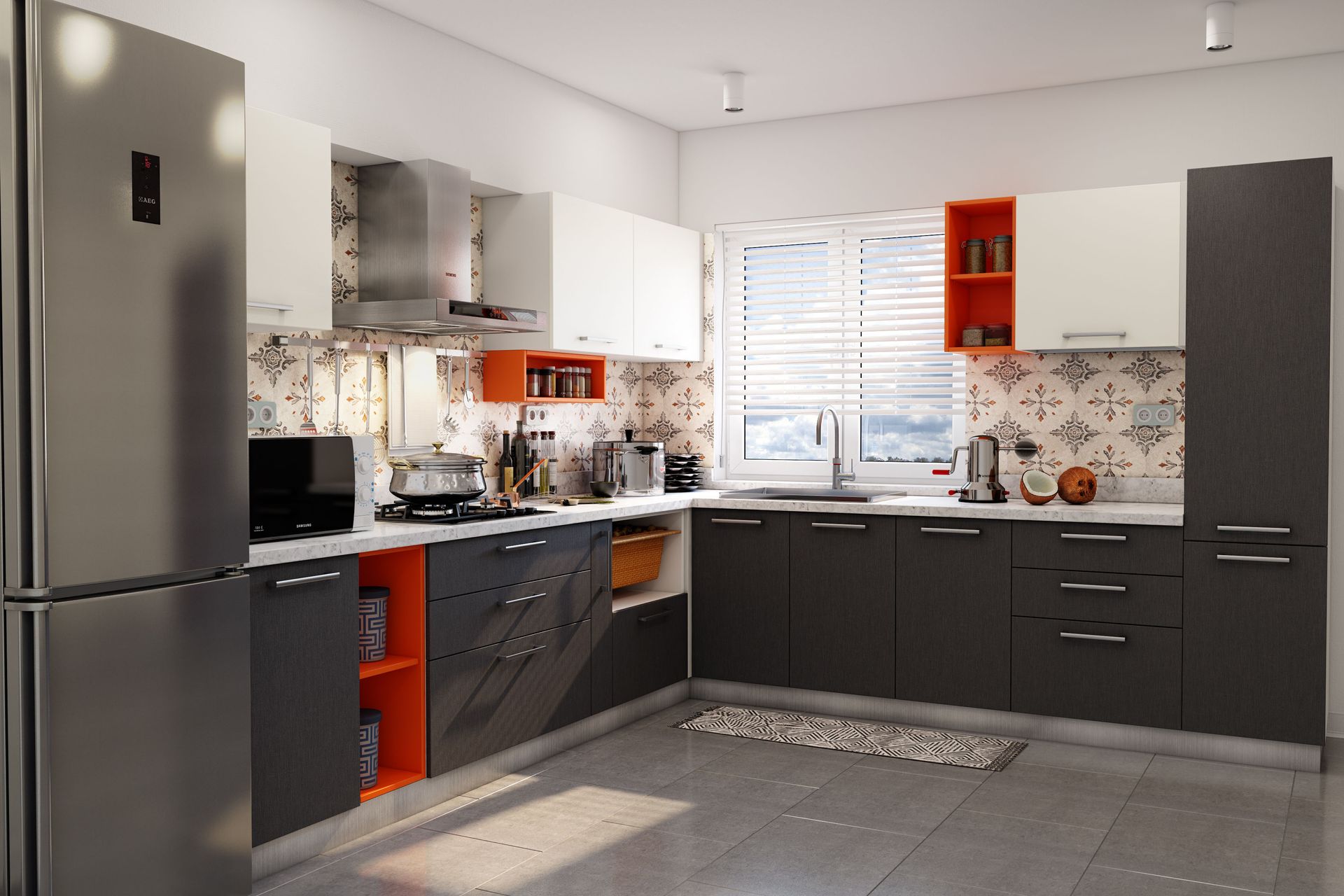 L-Shaped Contemporary Kitchen Design with Orange Highlights and Wicker ...