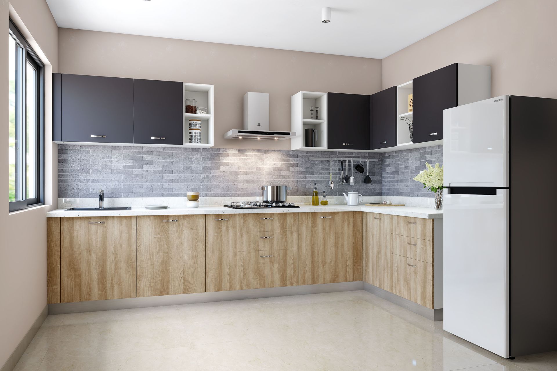 Functional Modern L-Shaped Kitchen Design with Open Storage and Neutral ...