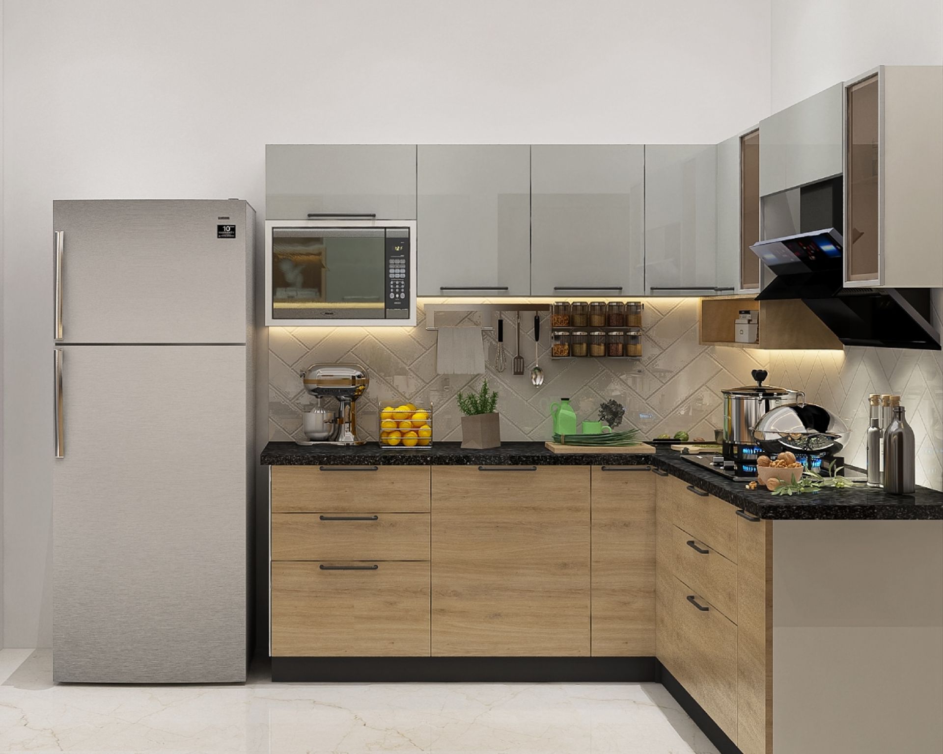 Contemporary L-Shaped Kitchen Design with Open Spice Racks, Granite ...