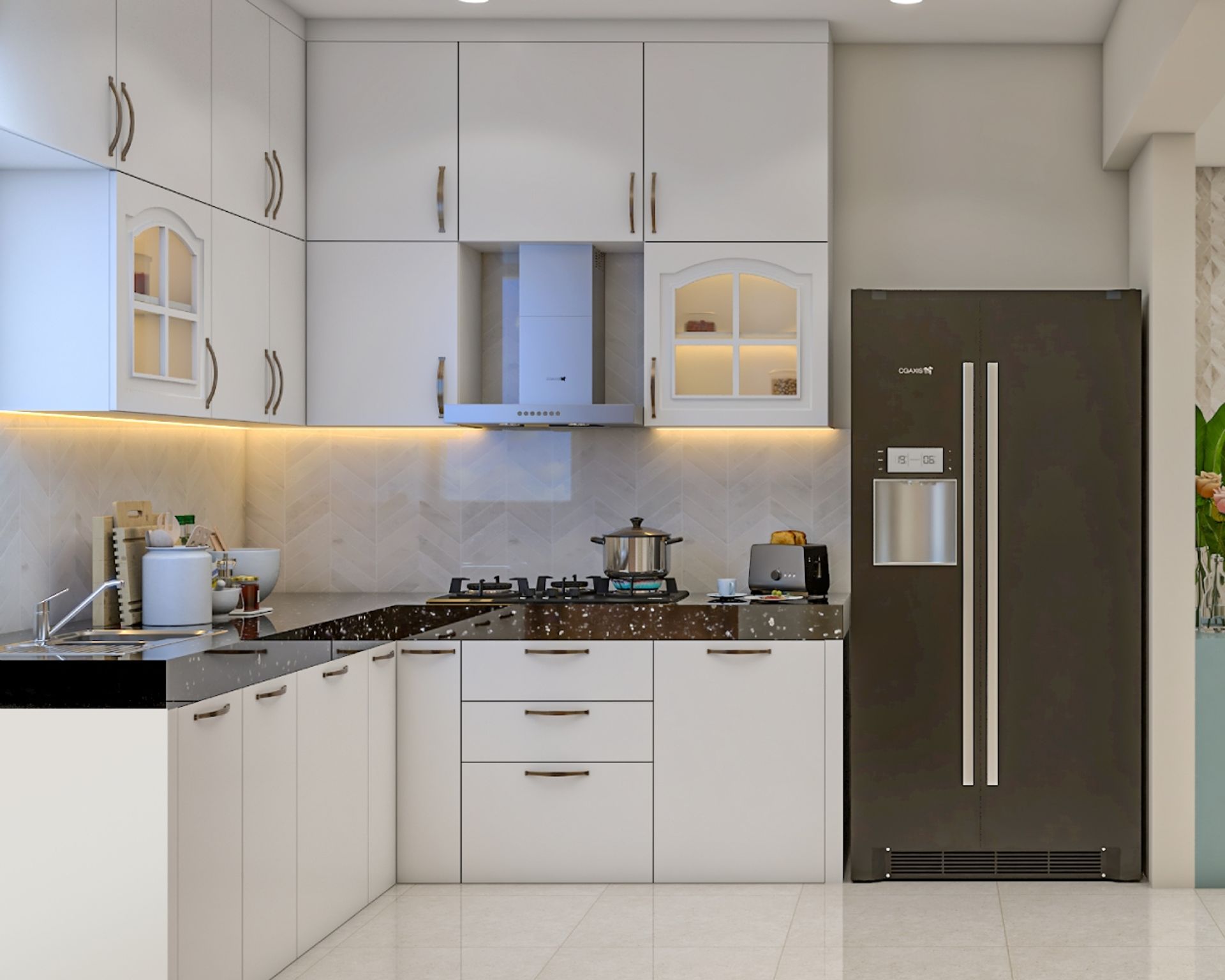 Contemporary L-Shaped Kitchen Design with Loft Storage and Under ...