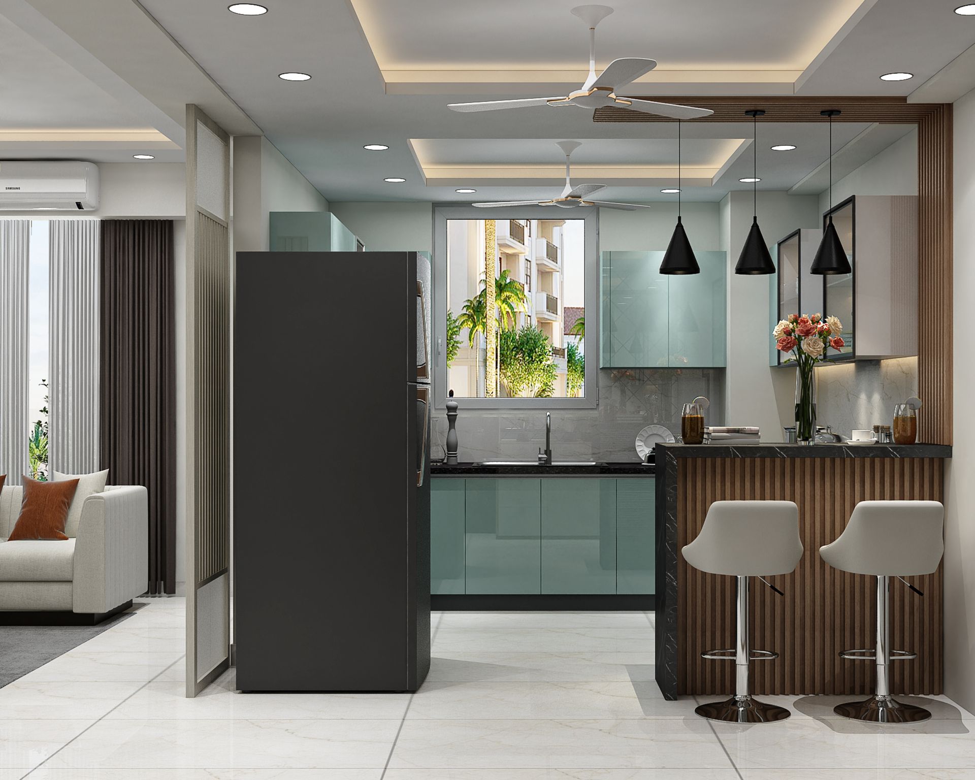 U-Shaped Contemporary Kitchen Design with Backsplash, Aqua Green Units ...