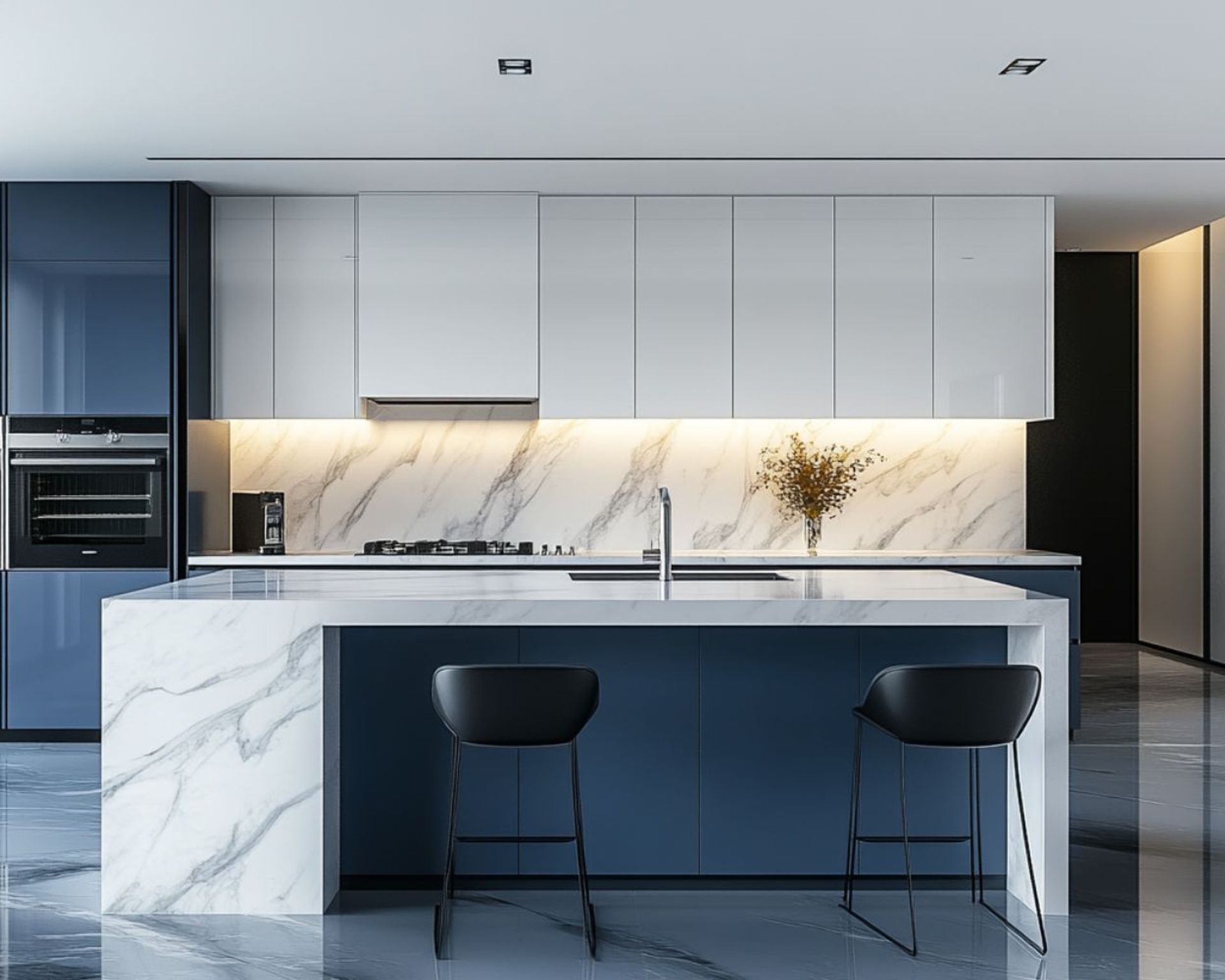 Blue and White Modern Island Kitchen Design with Quartz Countertop and ...