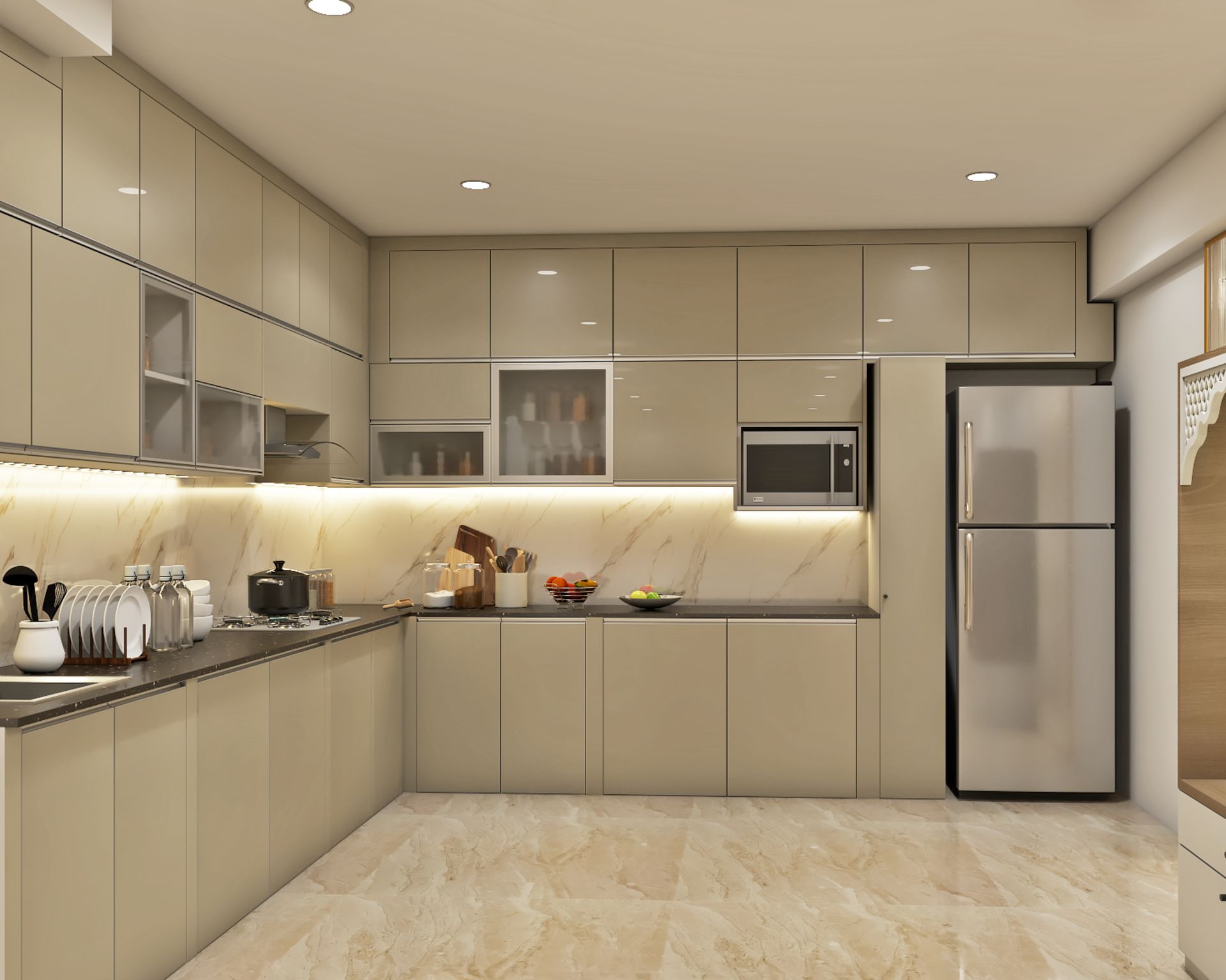 L-Shaped Minimal Kitchen Design with Cabinets, Tall Unit and Granite ...