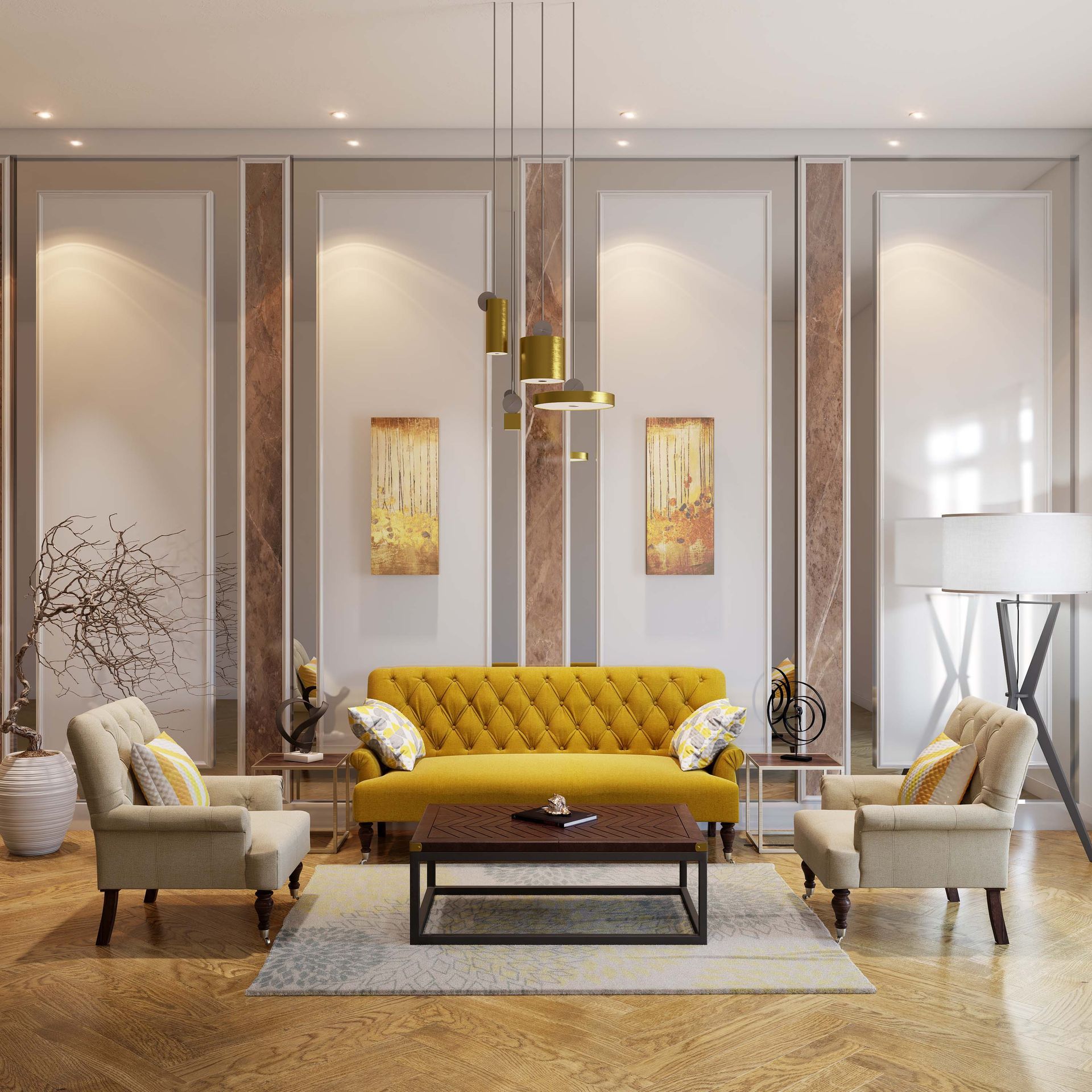 Classic Style Living Room Design with Mustard Sofa, Beige Seating, and ...