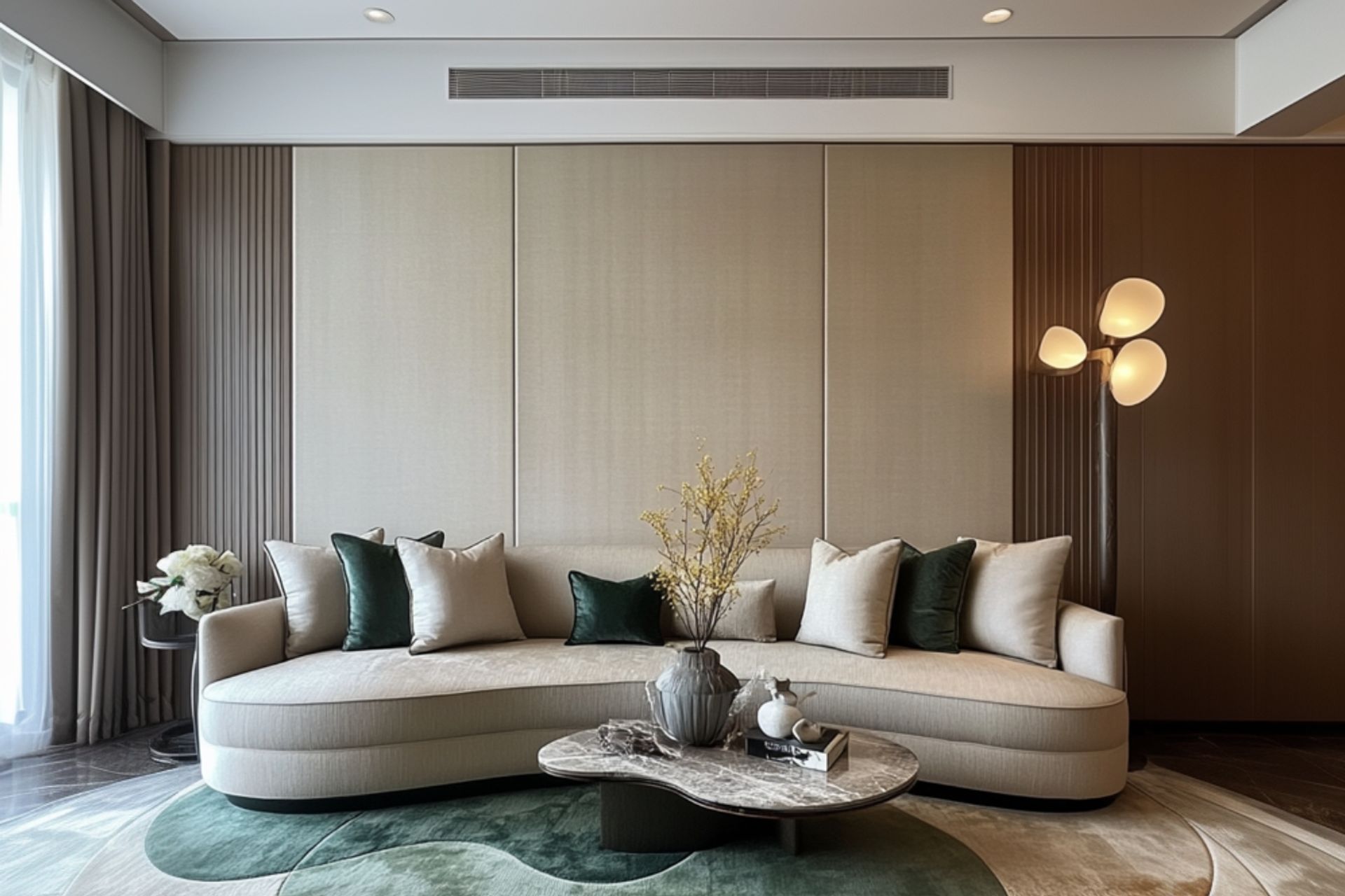 Living Room Design with Contemporary Beige Sofa, Multicolor Rug, and Marble Coffee Table | Livspace