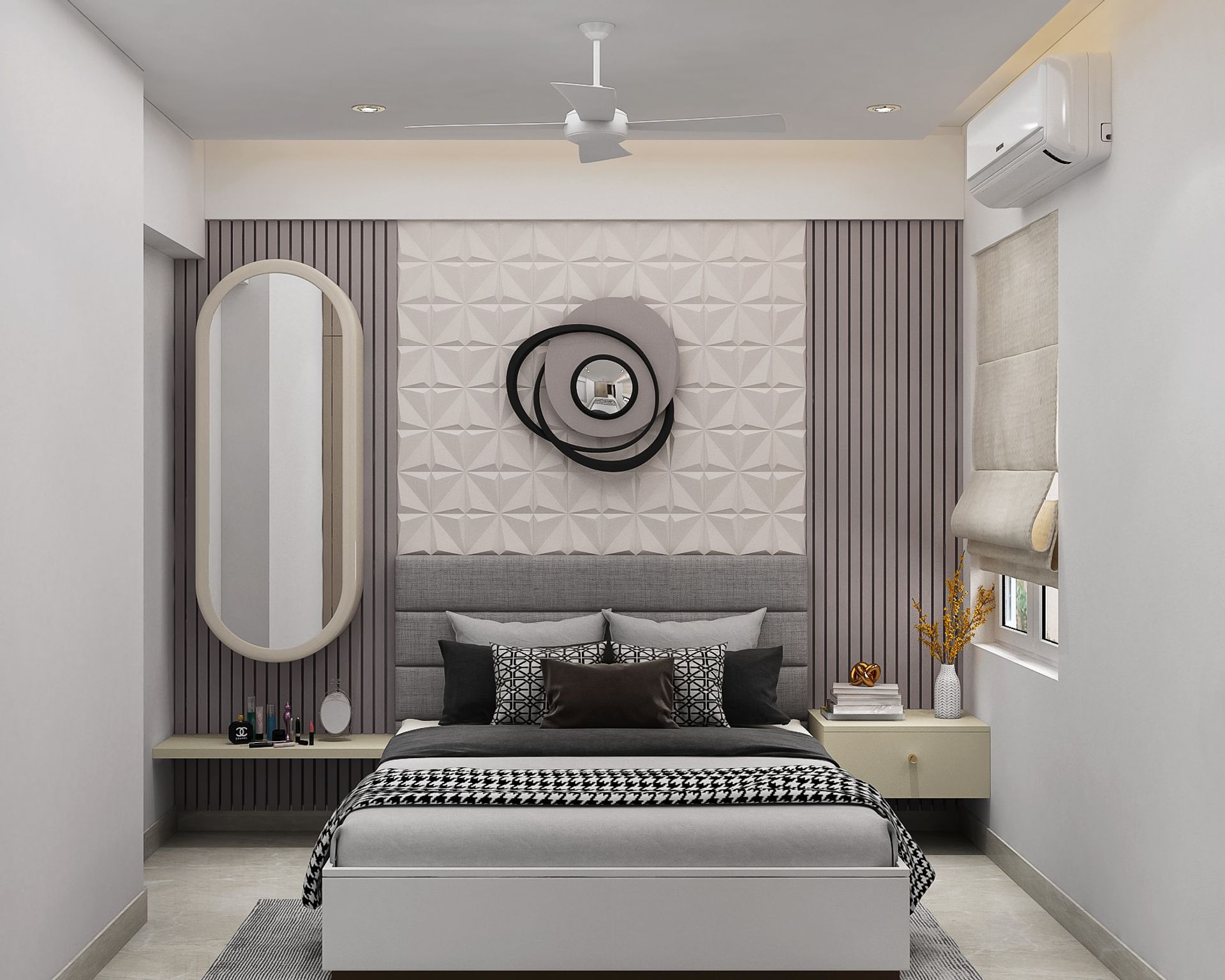 Master Bedroom Design with Contemporary Grey Theme, Oval Mirror and ...