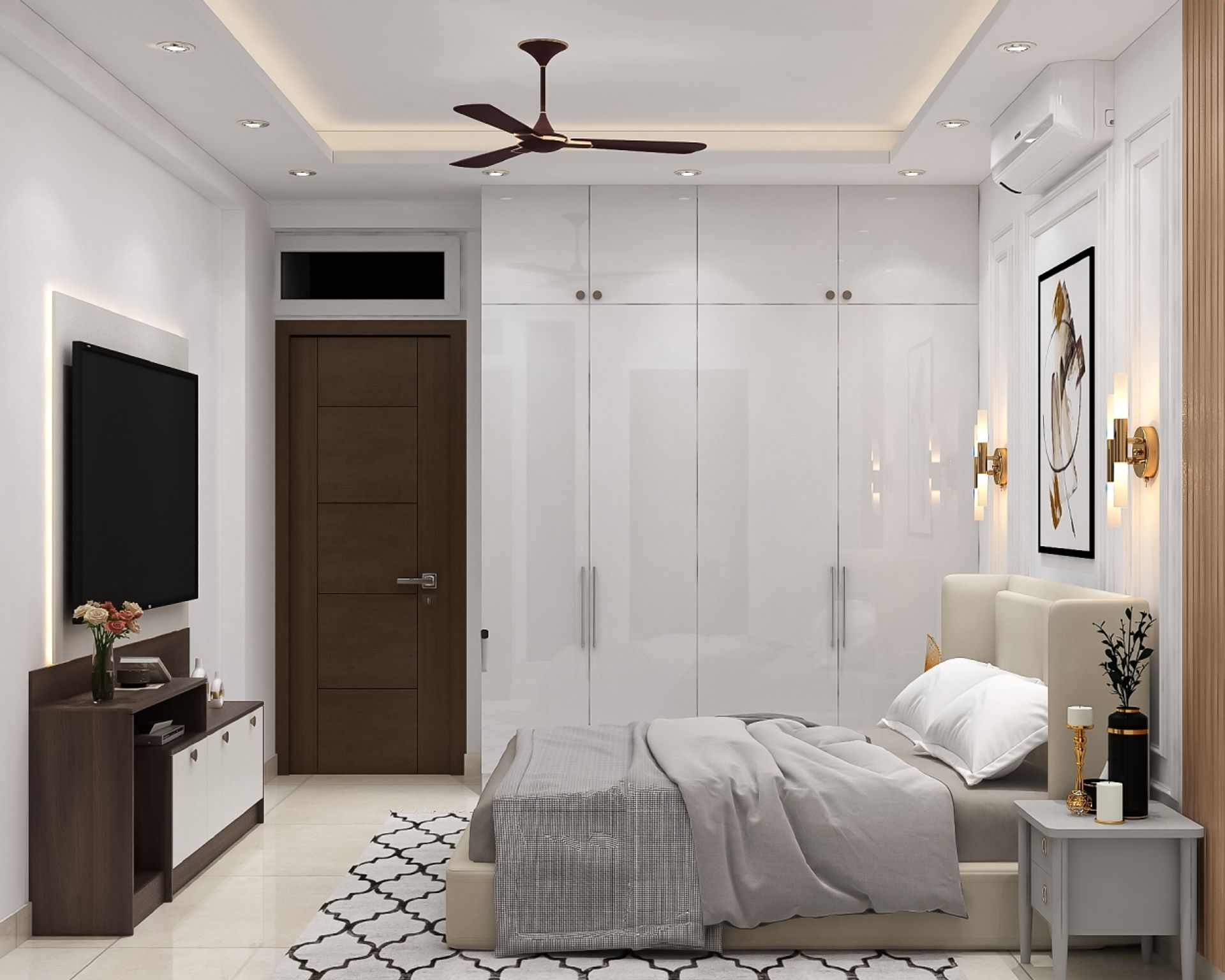 Master Bedroom Design with Modern Wooden Wall Panels and Neutral Colour ...