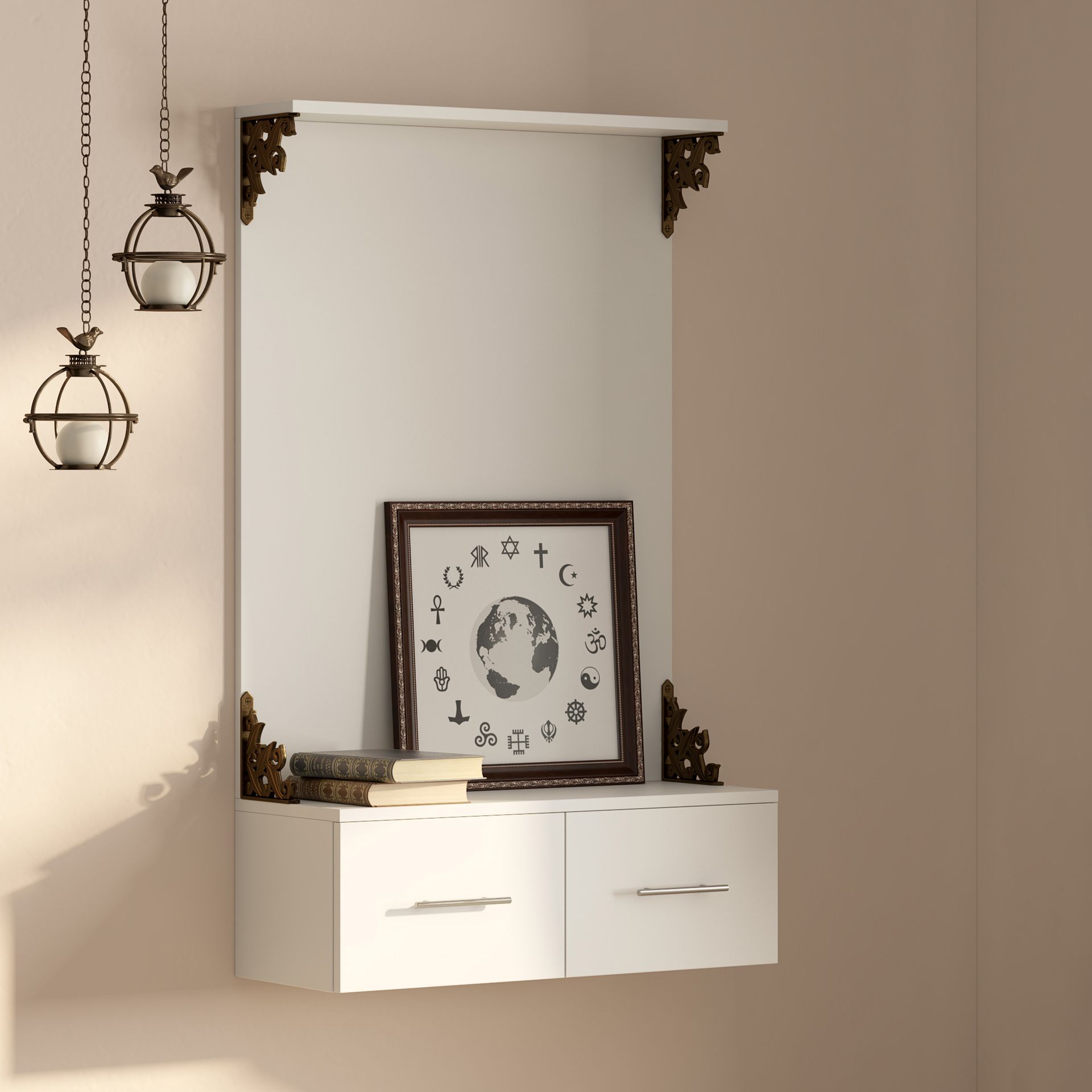 Budget-Friendly Eclectic White Pooja Unit Design with Drawers and ...