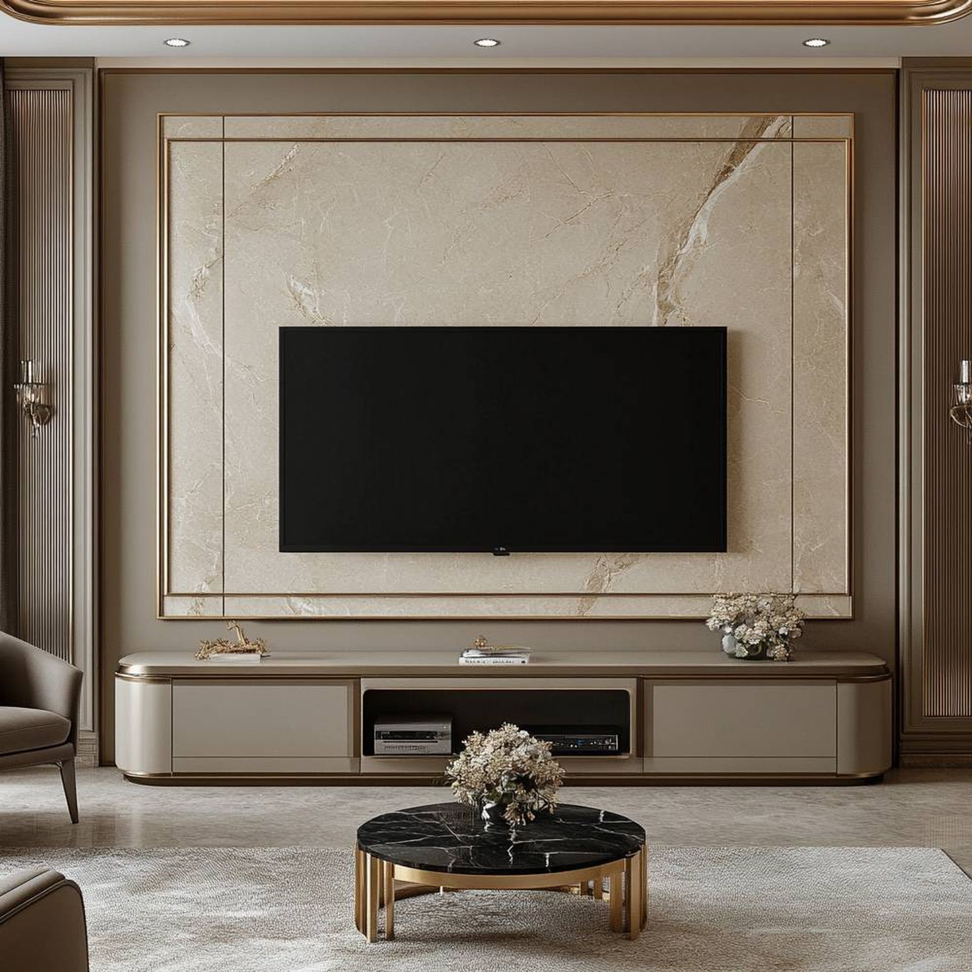 Floor-Mounted Modern TV Unit Design with Golden Framed Marble Backpanel ...
