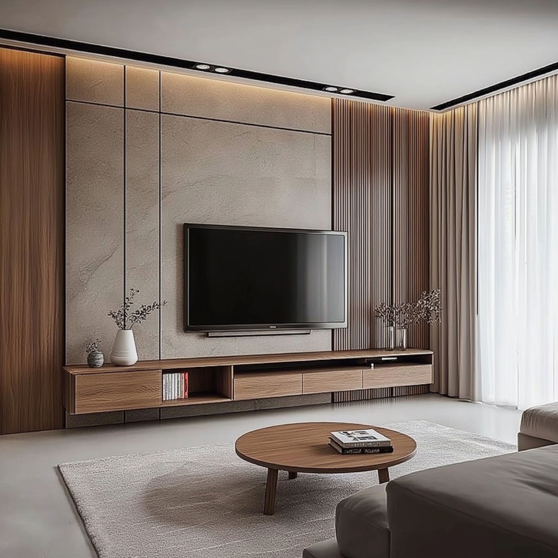 Sleek Contemporary TV Unit Design with Rough Concrete Wall and Wooden ...