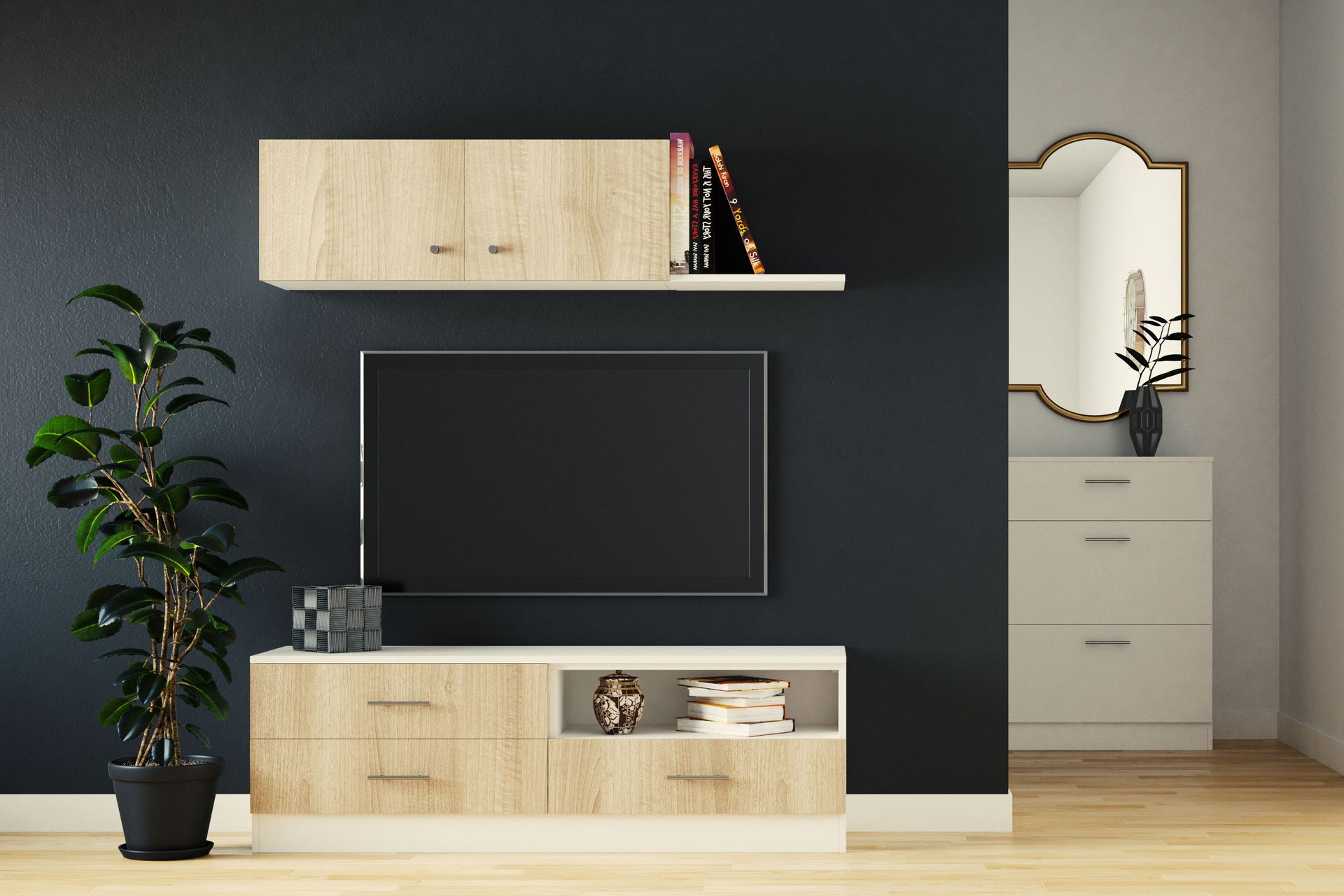 Floor-Mounted Modern TV Unit Design with Dark Blue Wall, Open Storage ...