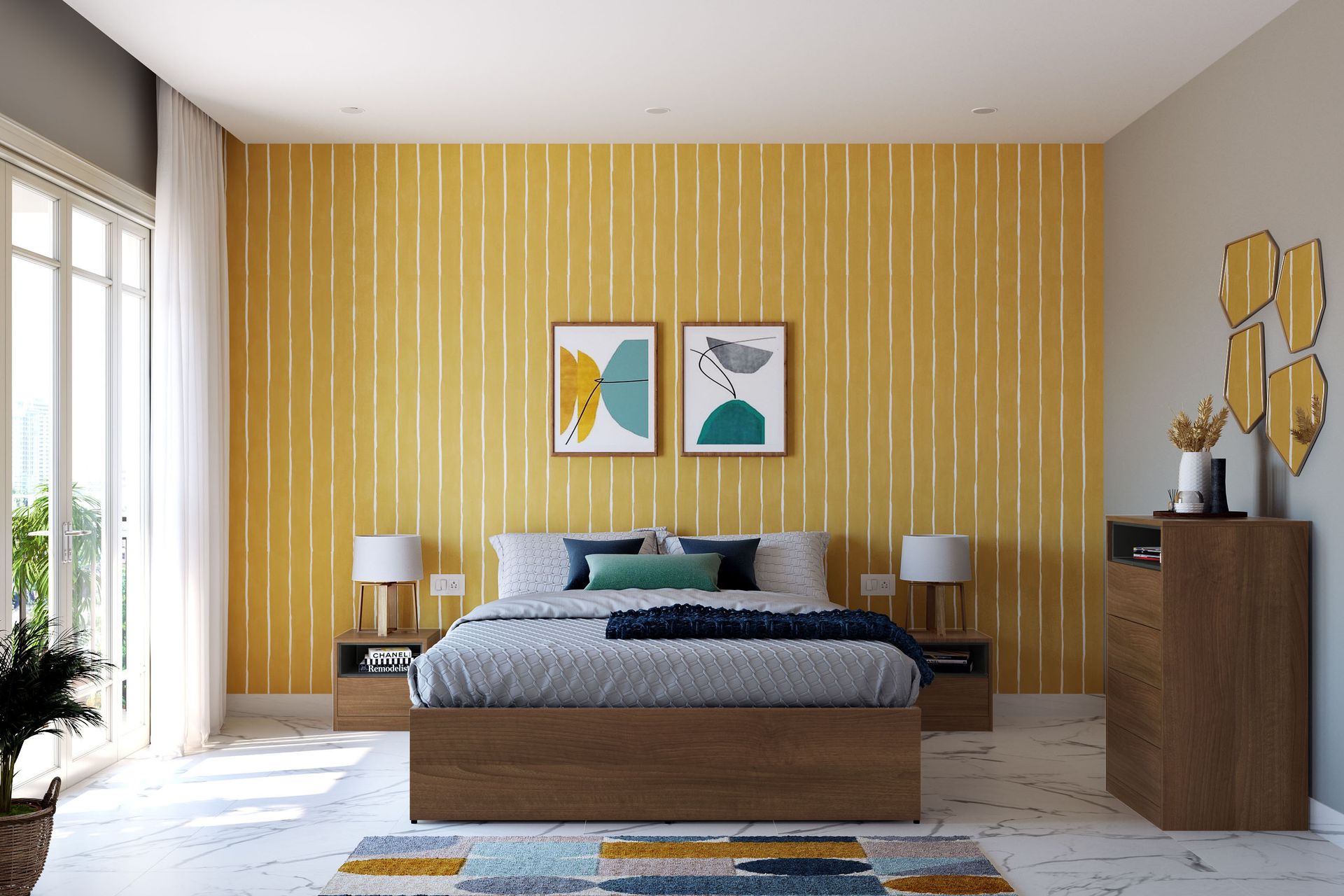 Vibrant Yellow Striped Wallpaper Design for Mid-Century Modern Bedroom ...