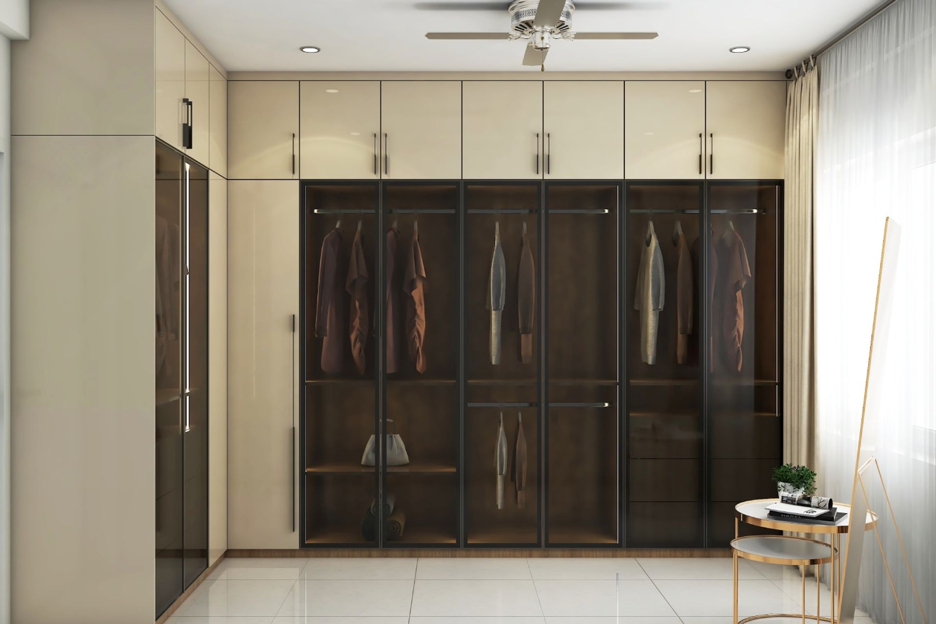 Contemporary 9-Door Swing Wardrobe Design with Loft and High-Gloss Finish | Livspace