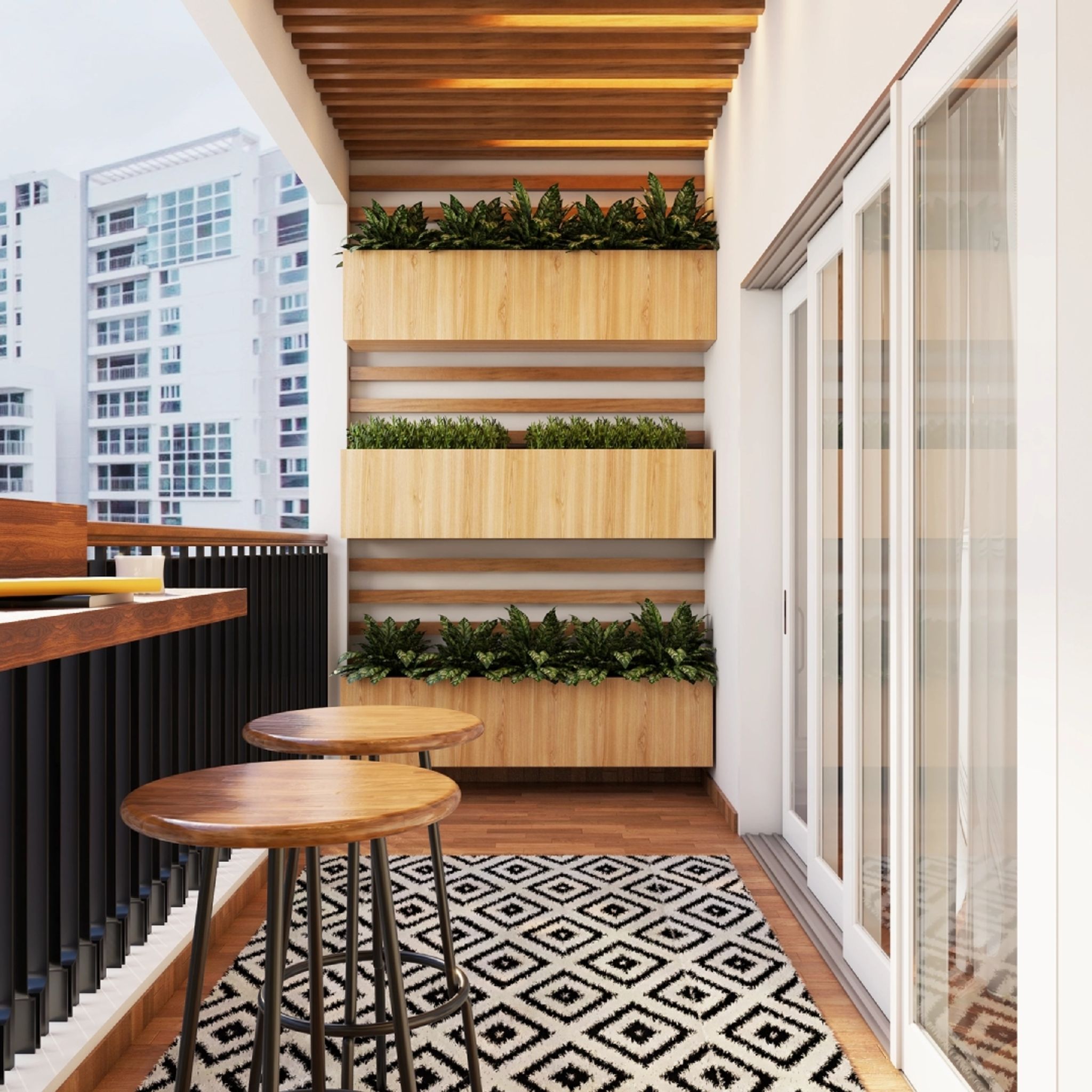 Compact Balcony Design With Wooden Table and Wall Planters | Livspace