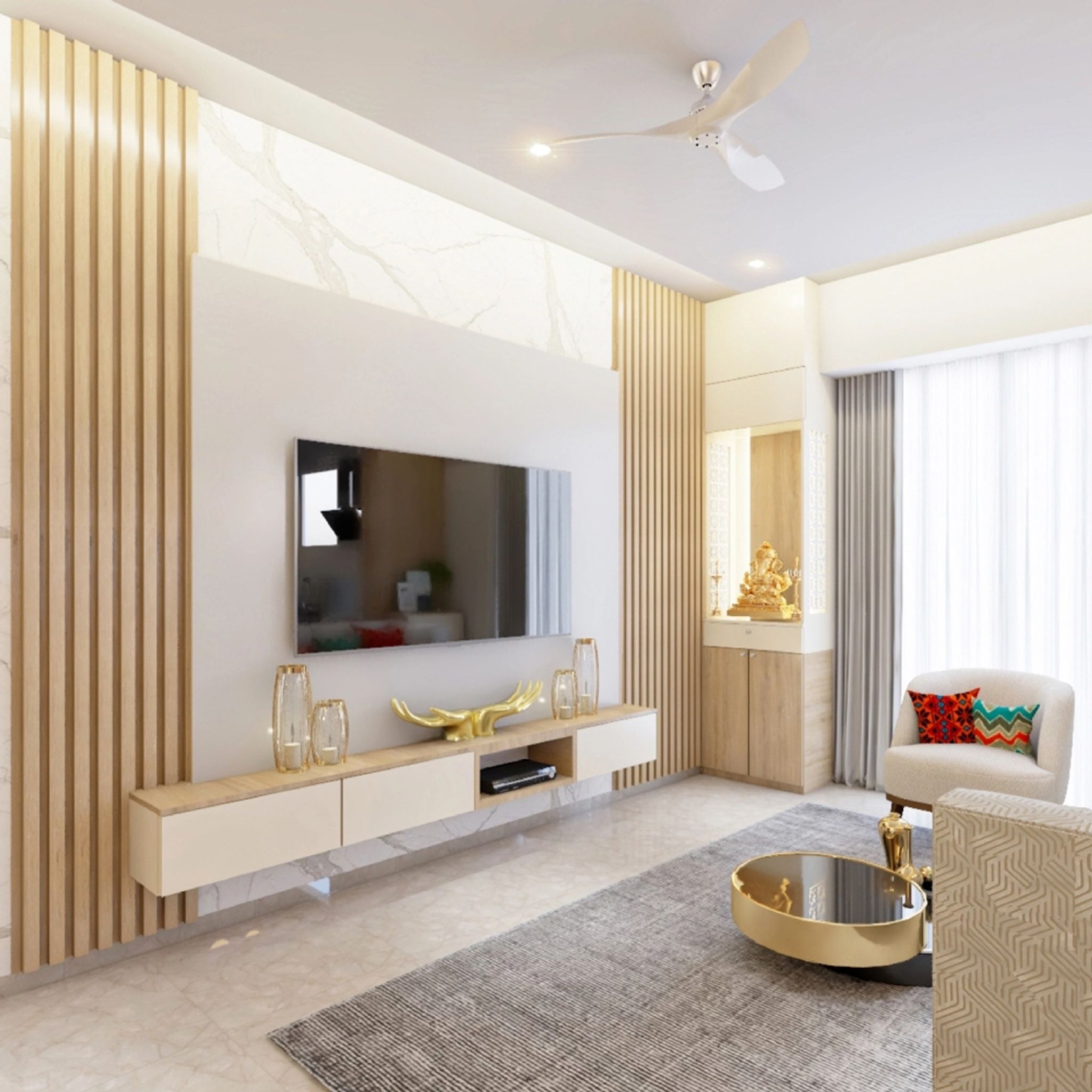 Scandinavian TV Unit Design With Wooden And Marble Panels | Livspace