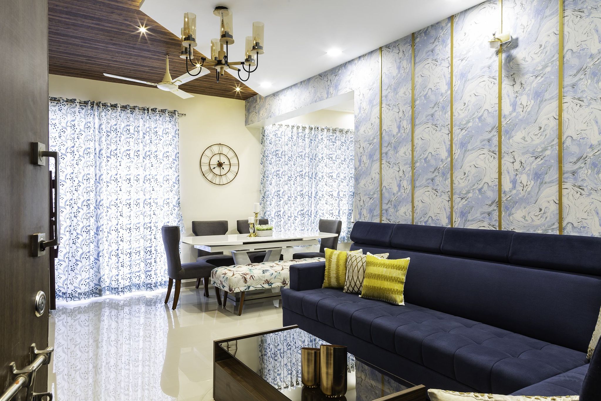 Gypsum False Ceiling With Dark Wooden Texture Laminate And Chendelier ...