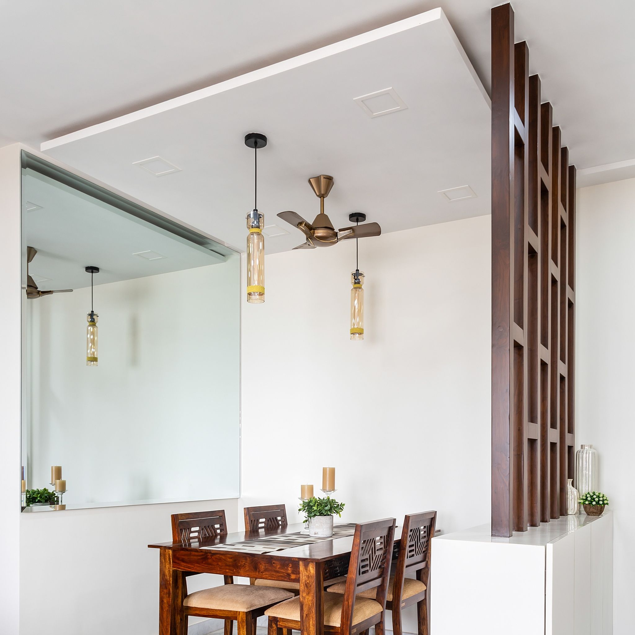 Centre Drop-Down Plain False Ceiling Design With Pendant Lights | Livspace