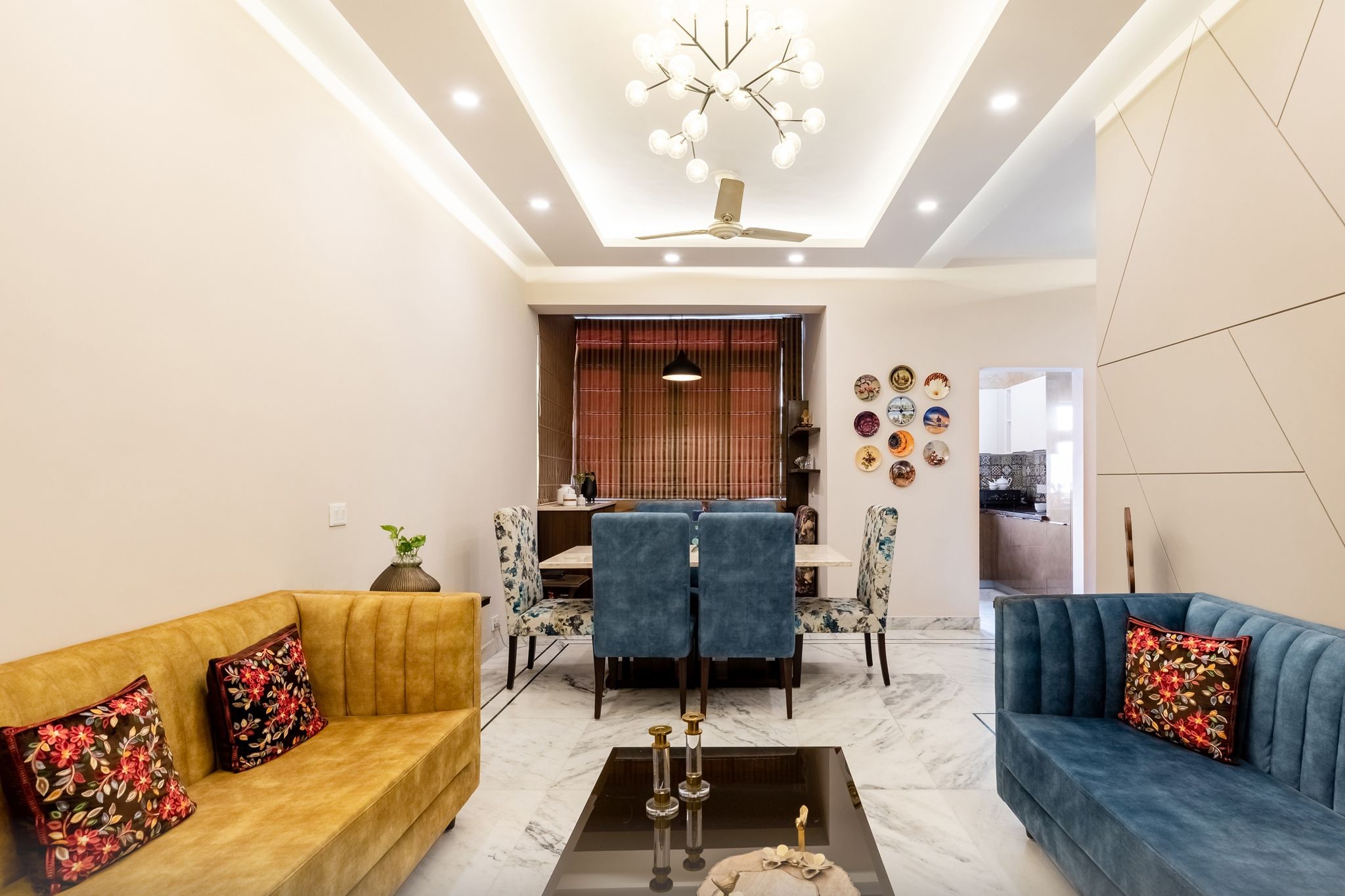 Peripheral Beige Drop False Ceiling With Cove Lights | Livspace