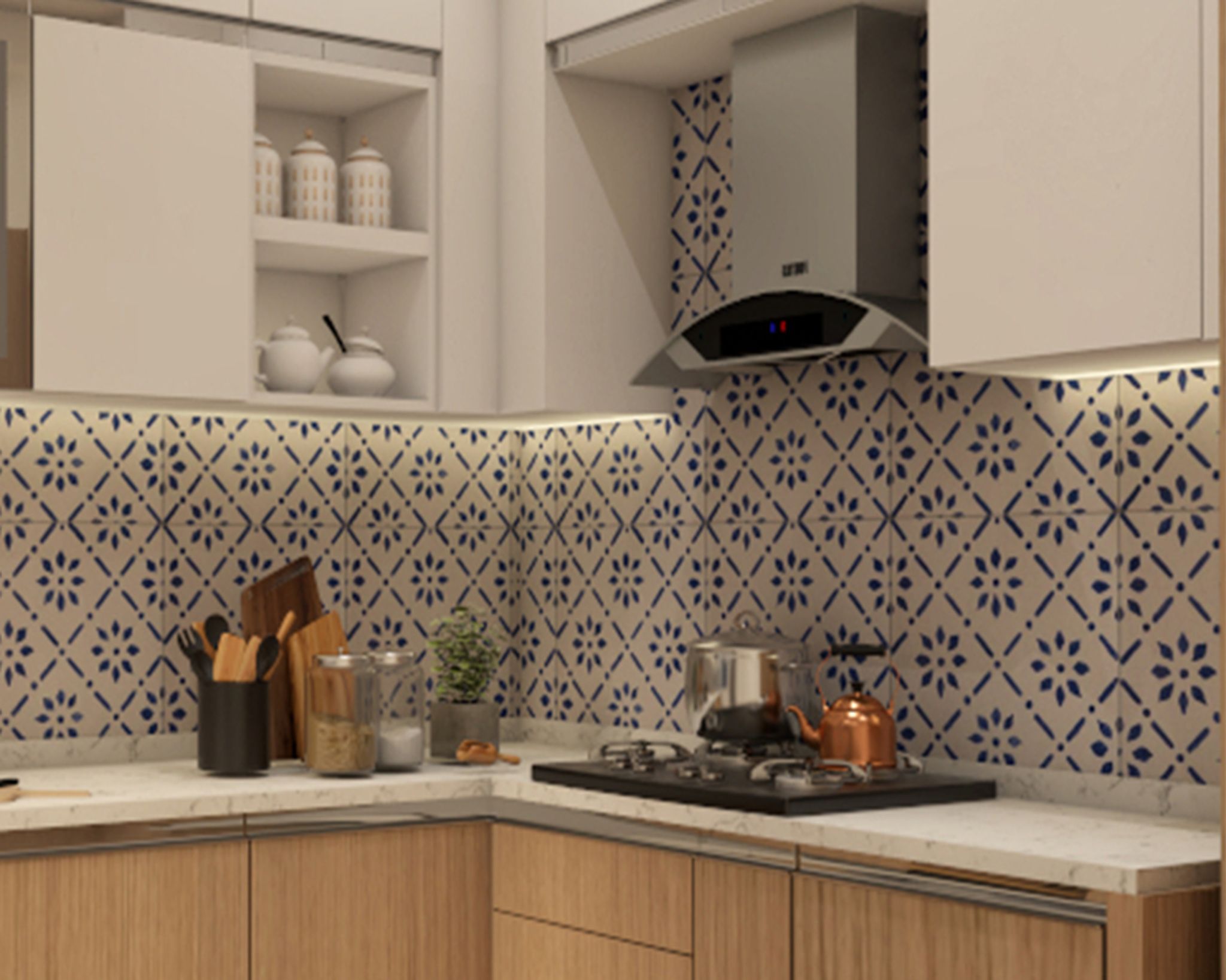 Dual-Toned Simple Kitchen Tile Design | Livspace