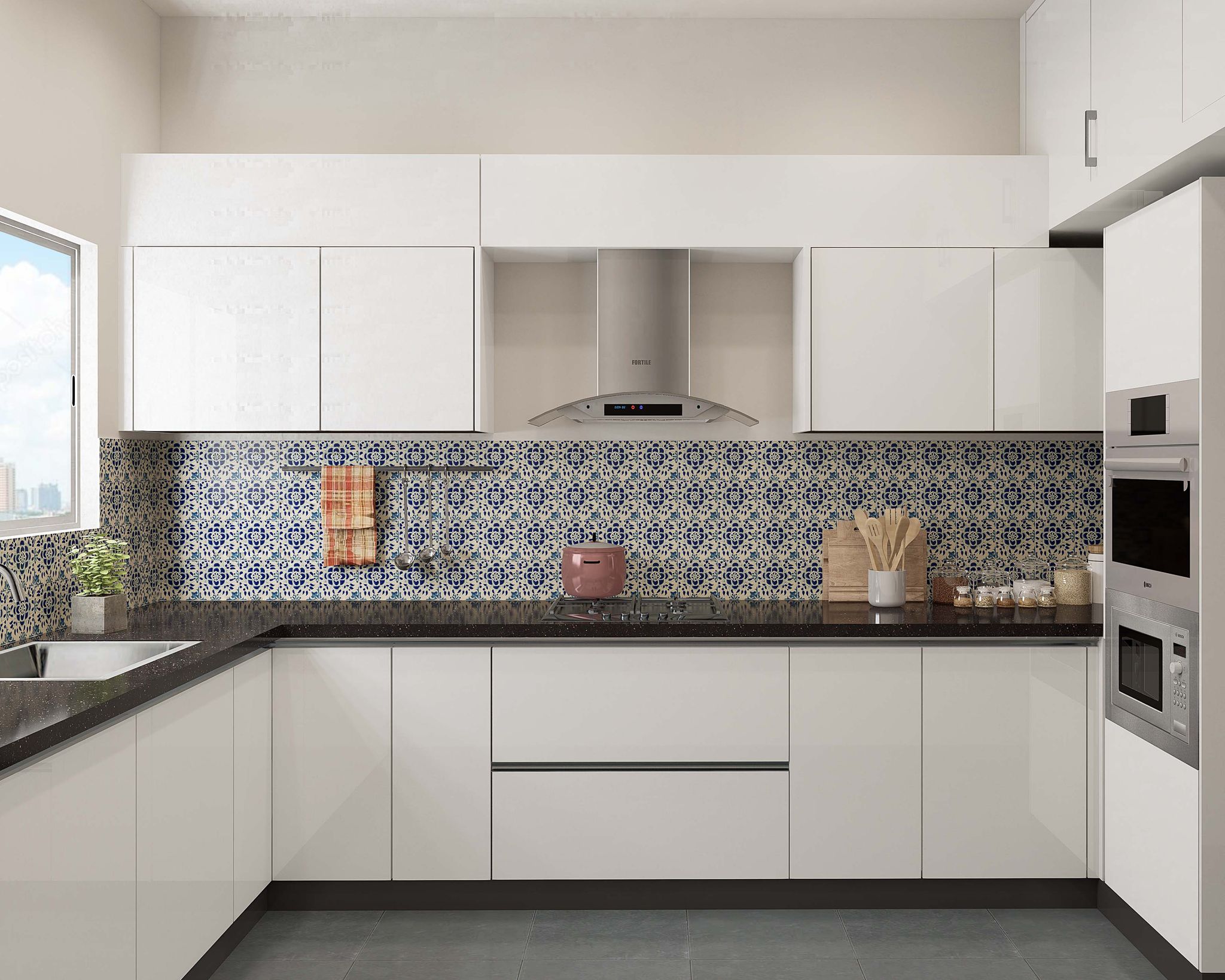 Colourful Kitchen Tile Design For White Modern Kitchens | Livspace