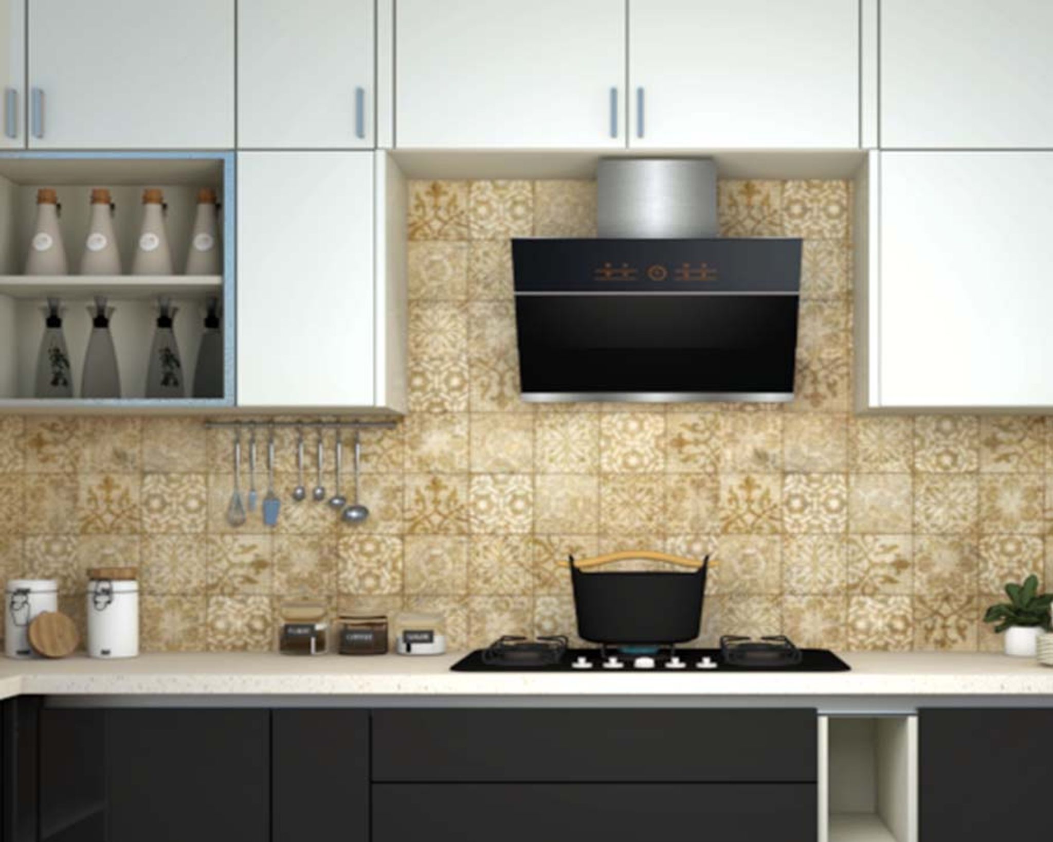 Light-Coloured Kitchen Tile Design With A Patterned Dado | Livspace